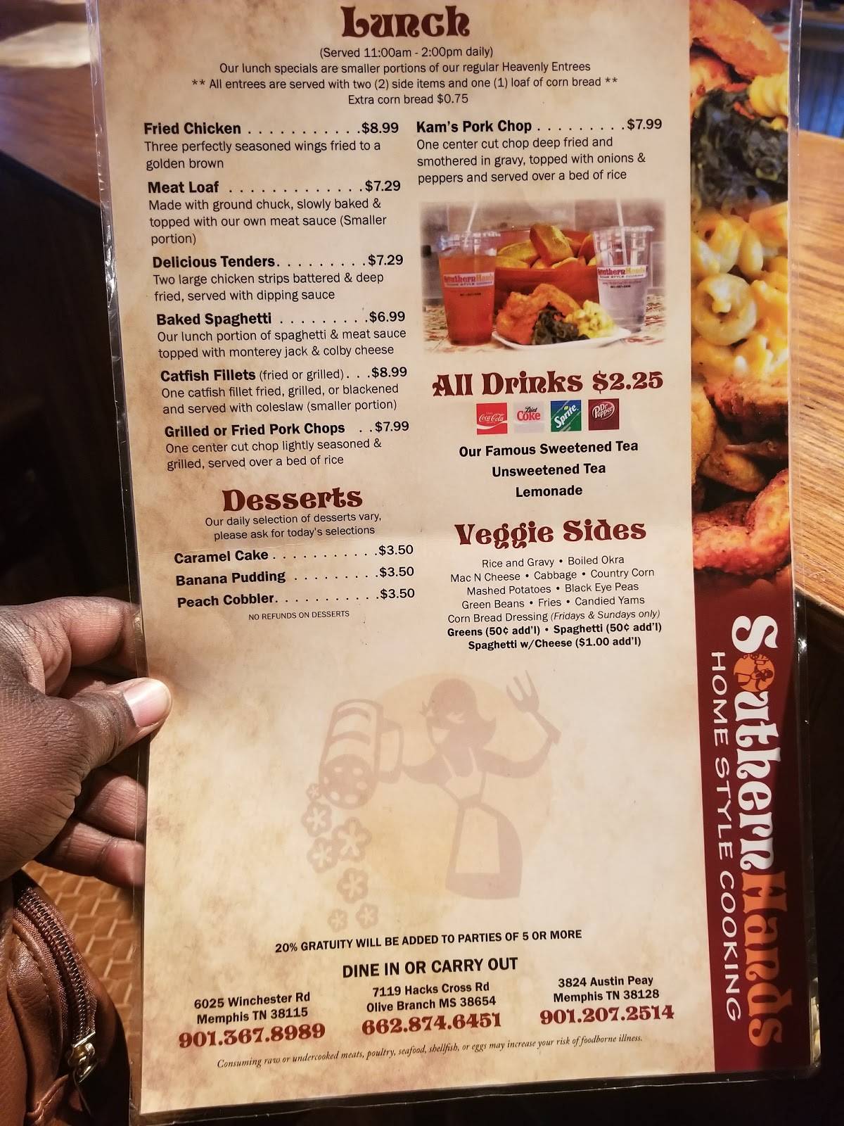 Menu at Southern Hands Homestyle Cooking restaurant, Memphis, Winchester Rd