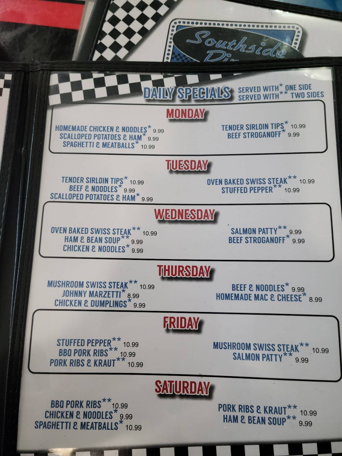 Menu at Southside Diner restaurant, Mount Vernon