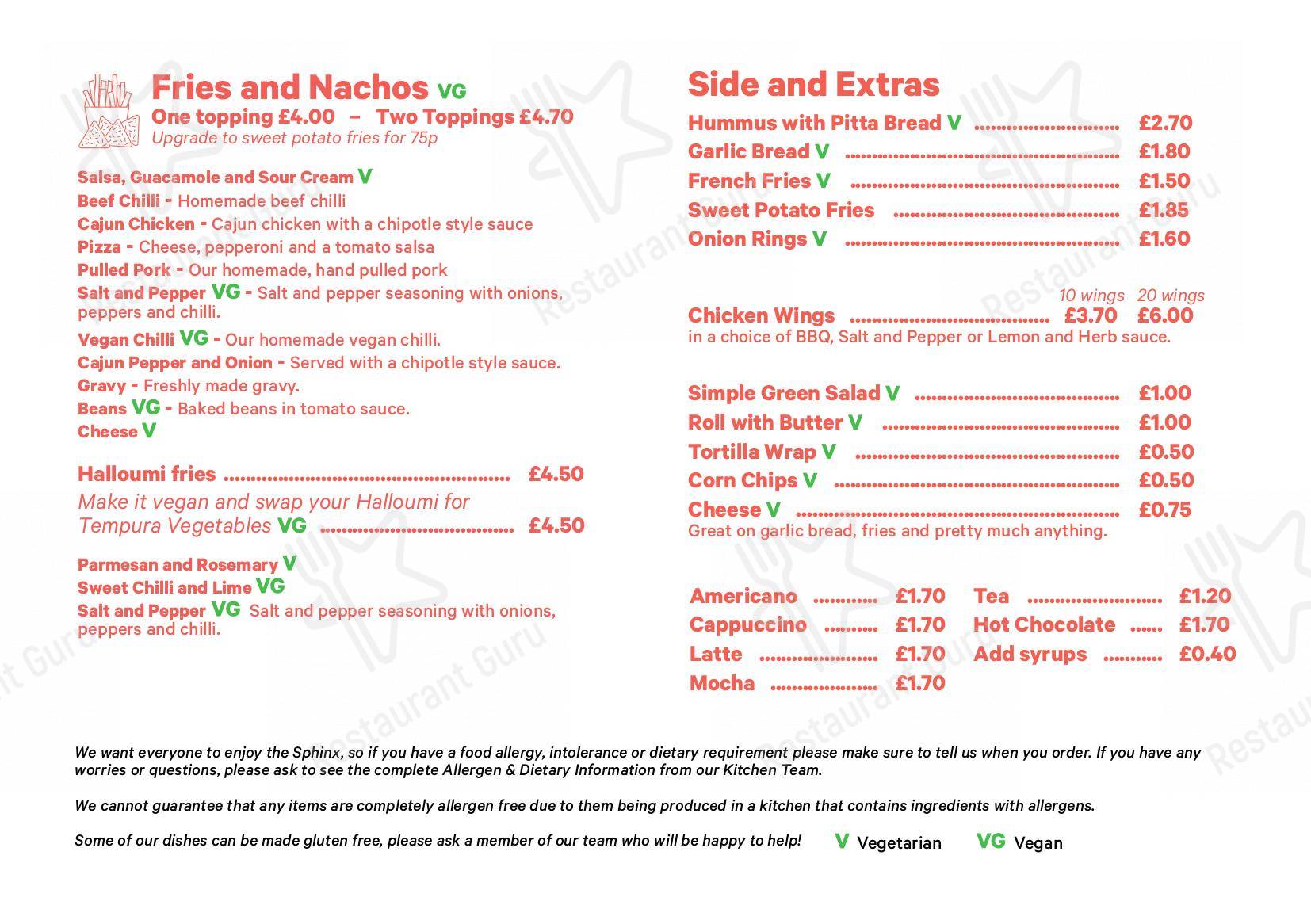 Menu at The Sphinx pub & bar, Liverpool
