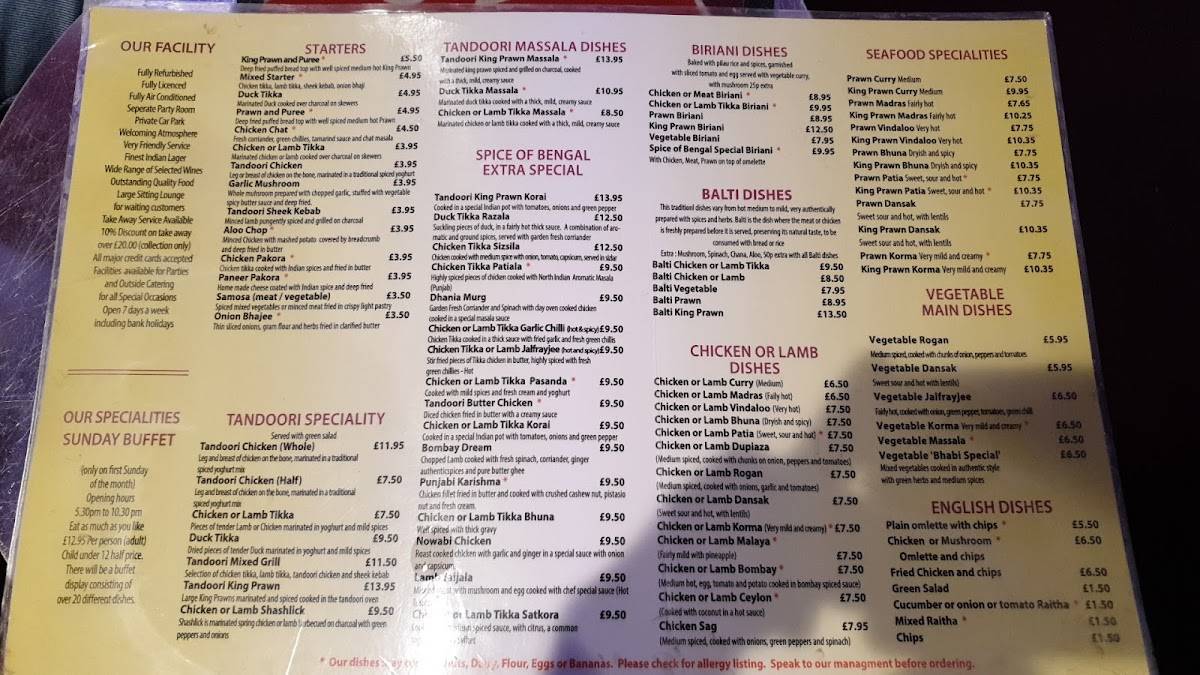 Menu at Spice Of Bengal restaurant, Calne