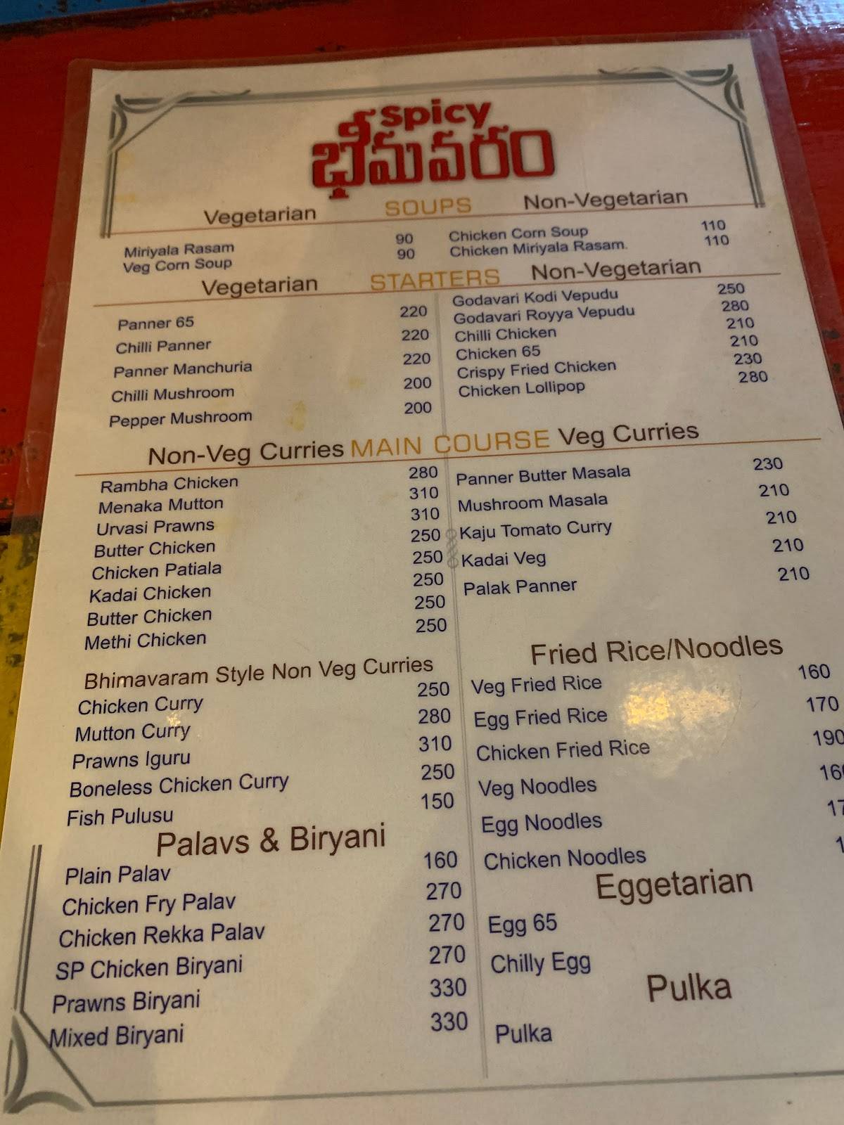 Menu at Spicy Bhimavaram, Hyderabad