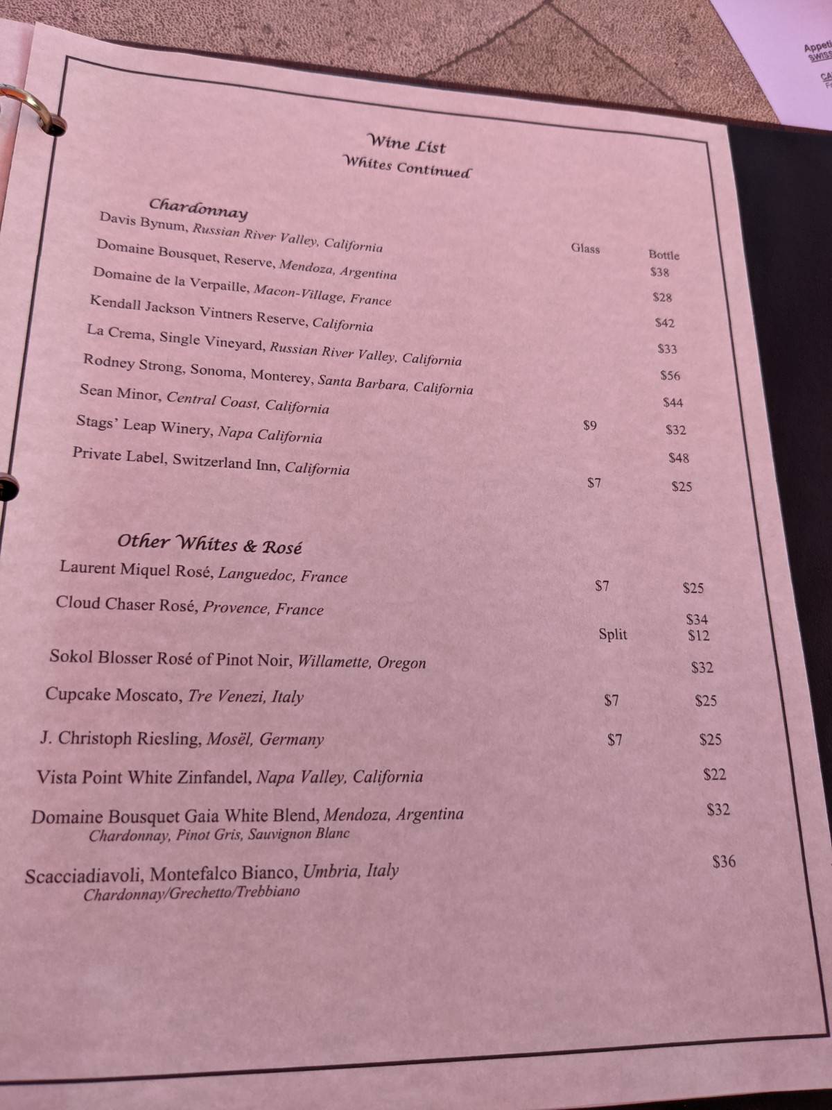 Menu at Chalet Restaurant, Little Switzerland
