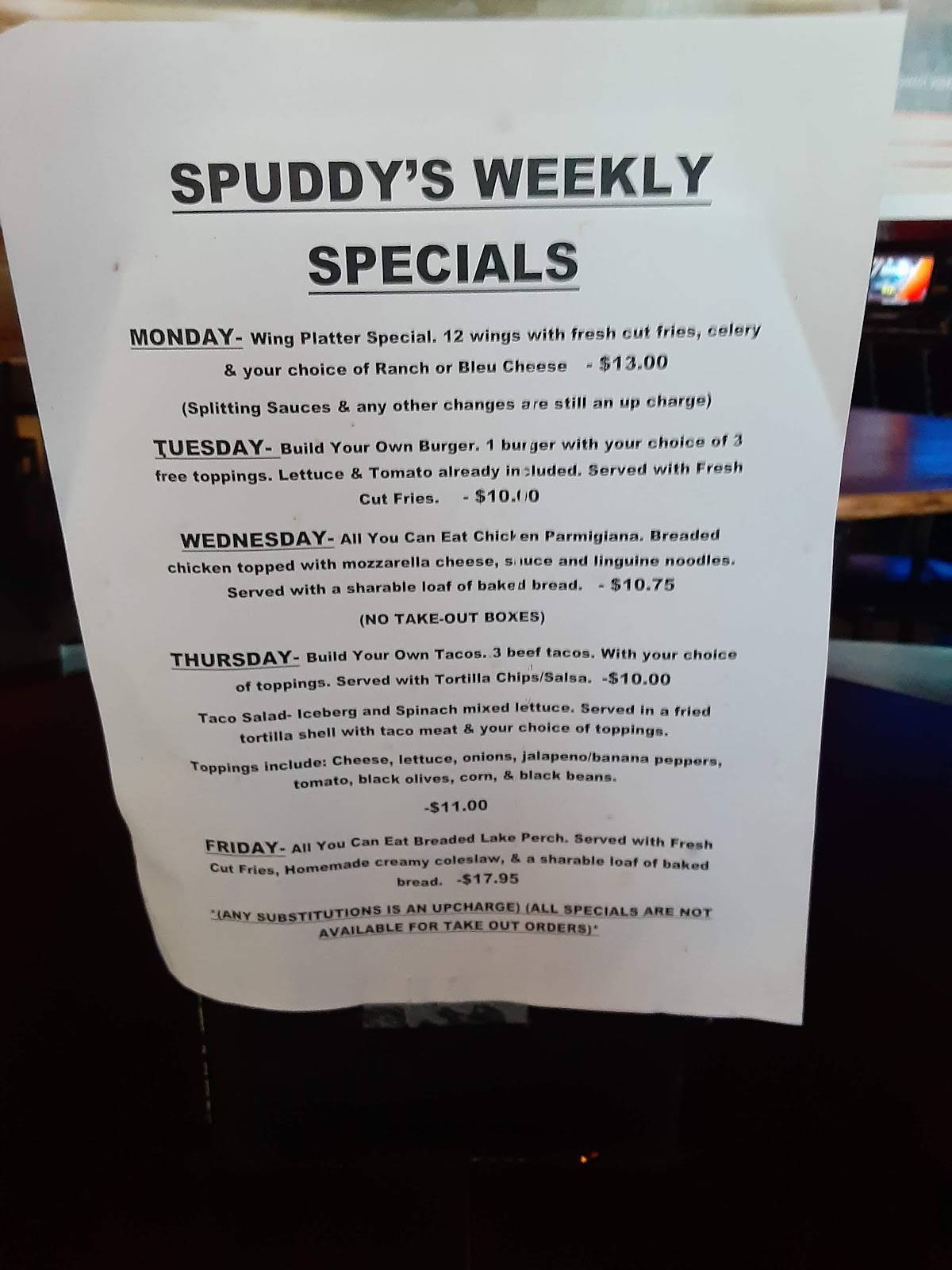 Menu at Spuddy's Tavern pub & bar, Mentor-on-the-Lake