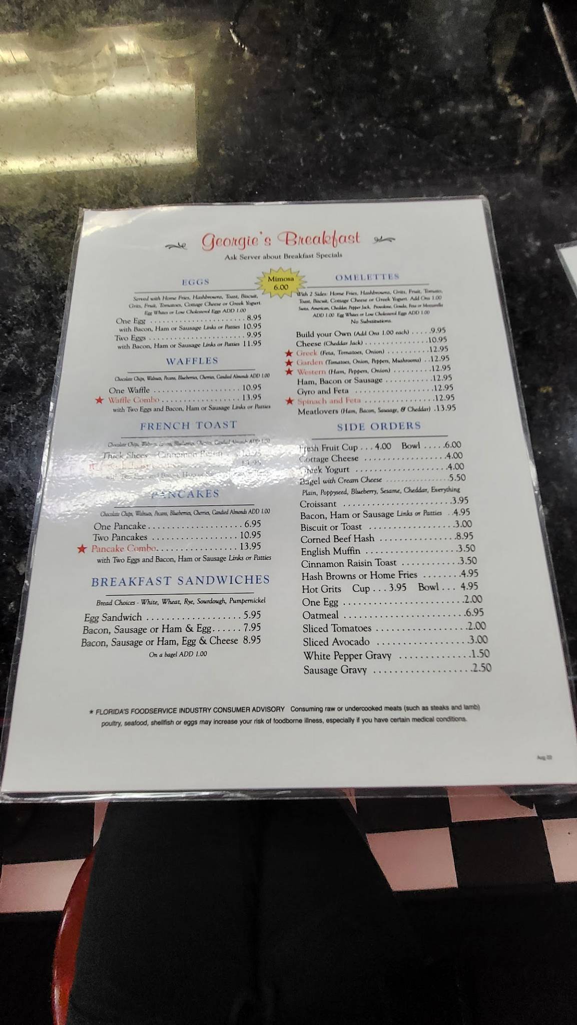 Menu at Georgie's Diner restaurant, St. Augustine
