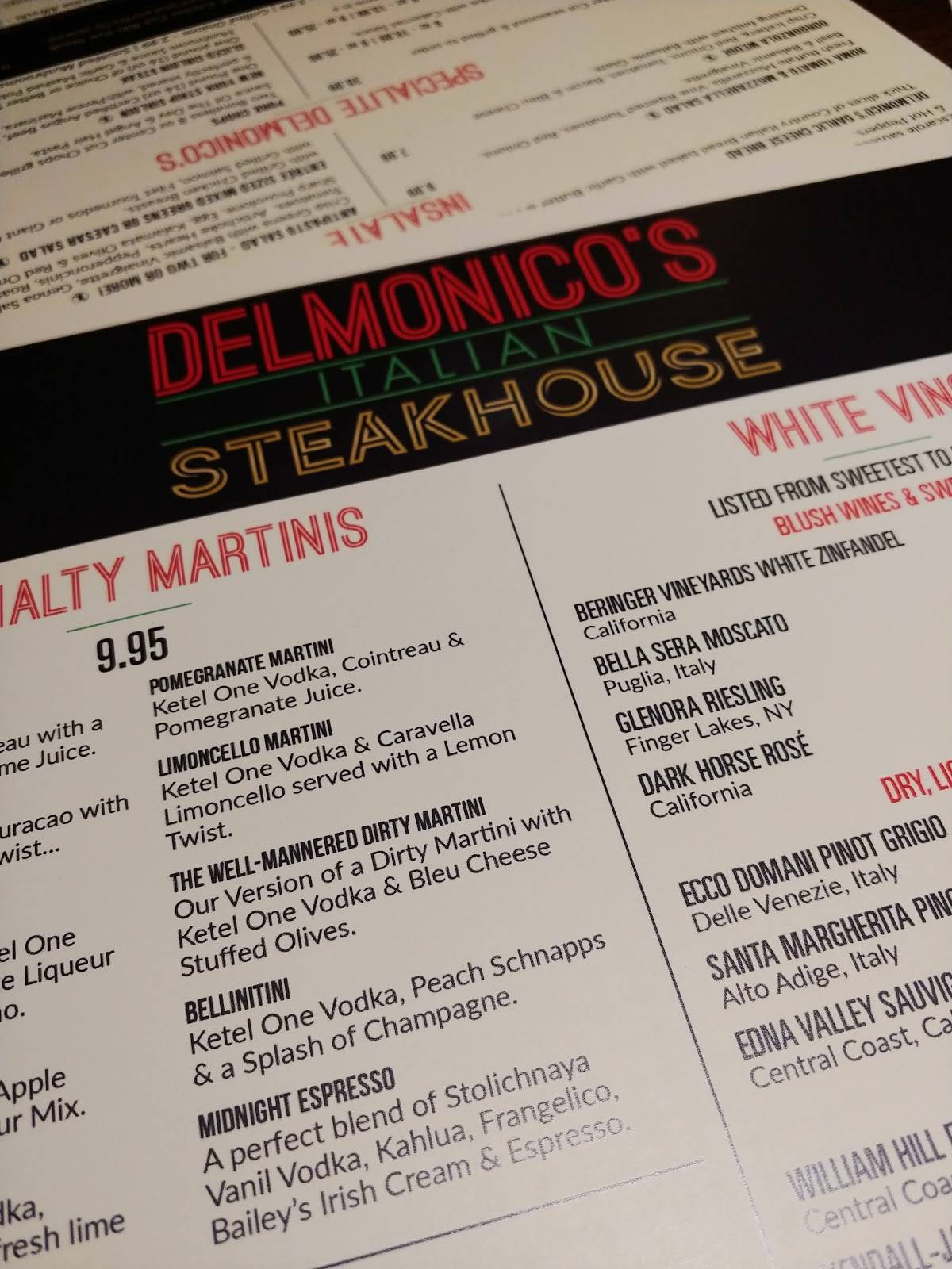 Menu at Delmonico's Italian Steakhouse, Rochester