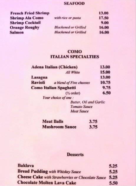 Menu at House of Como steakhouse, Evansville