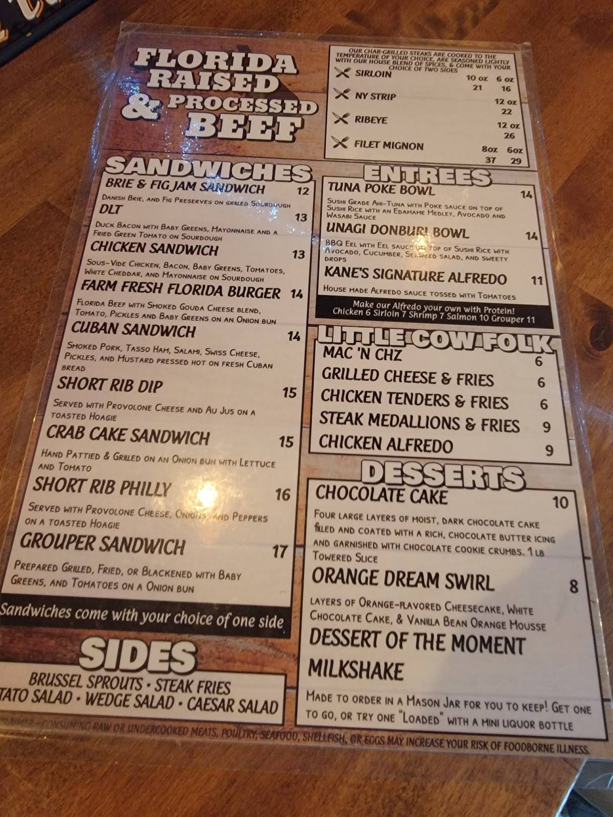 Menu at Kane's Cattle Co. steakhouse, Crystal River