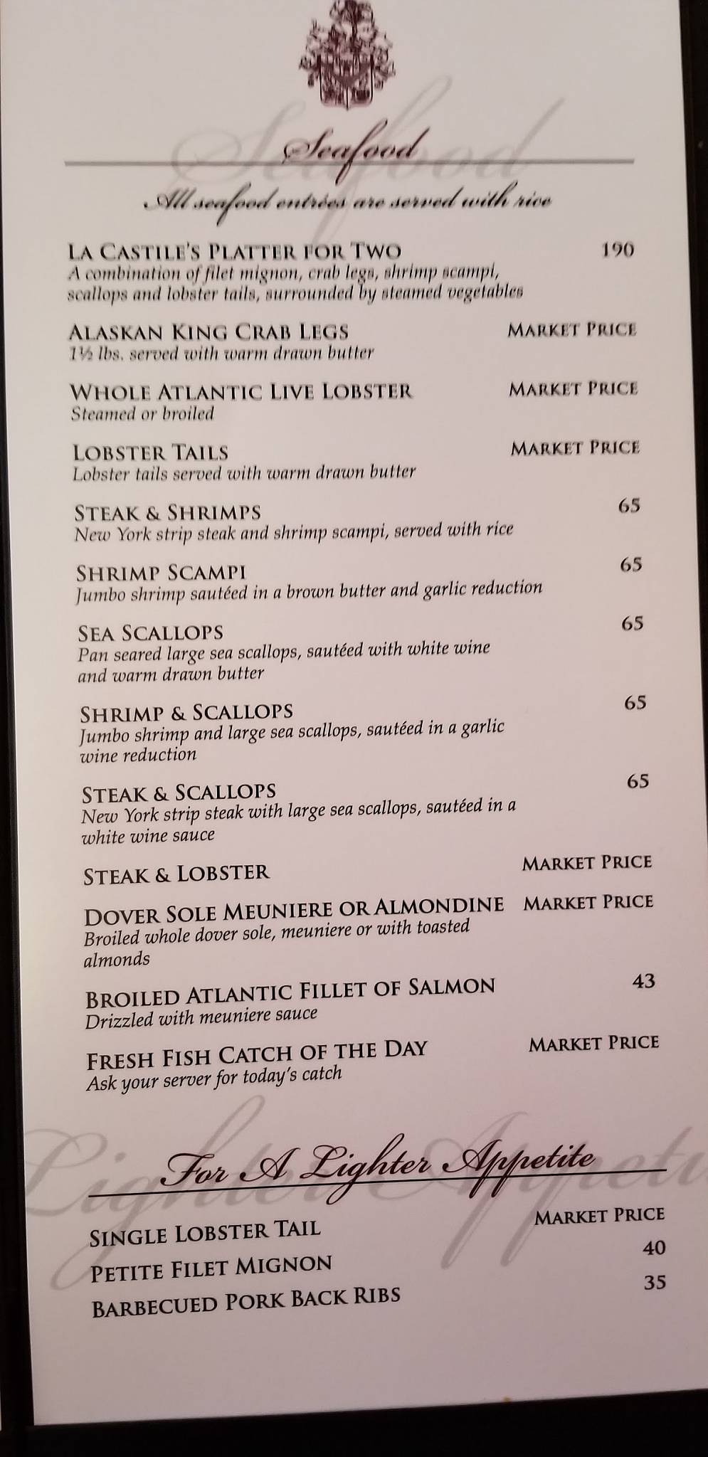 Menu at La Castile steakhouse, Mississauga