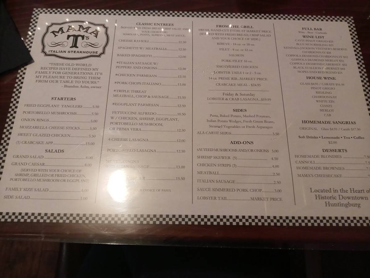 Menu at Mama T's Italian Steakhouse, Huntingburg