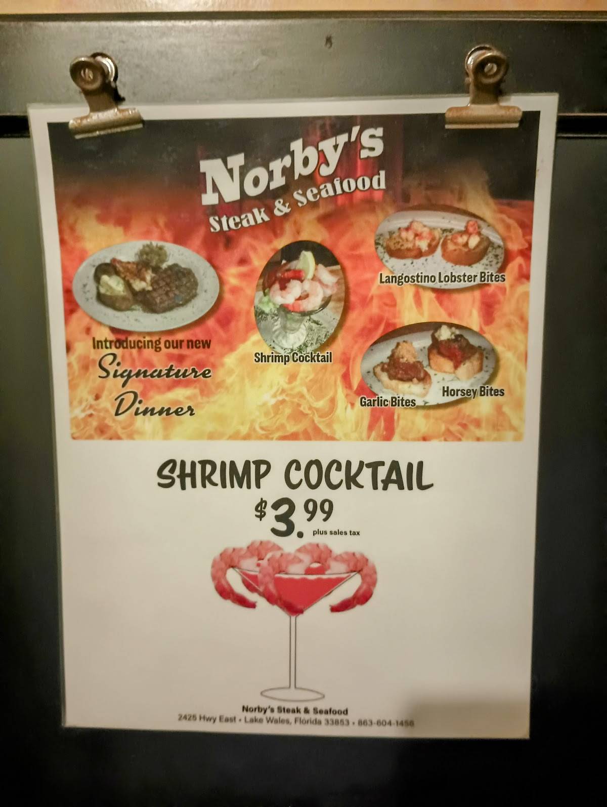 Menu at Norby's Steak & Seafood steakhouse, Lake Wales