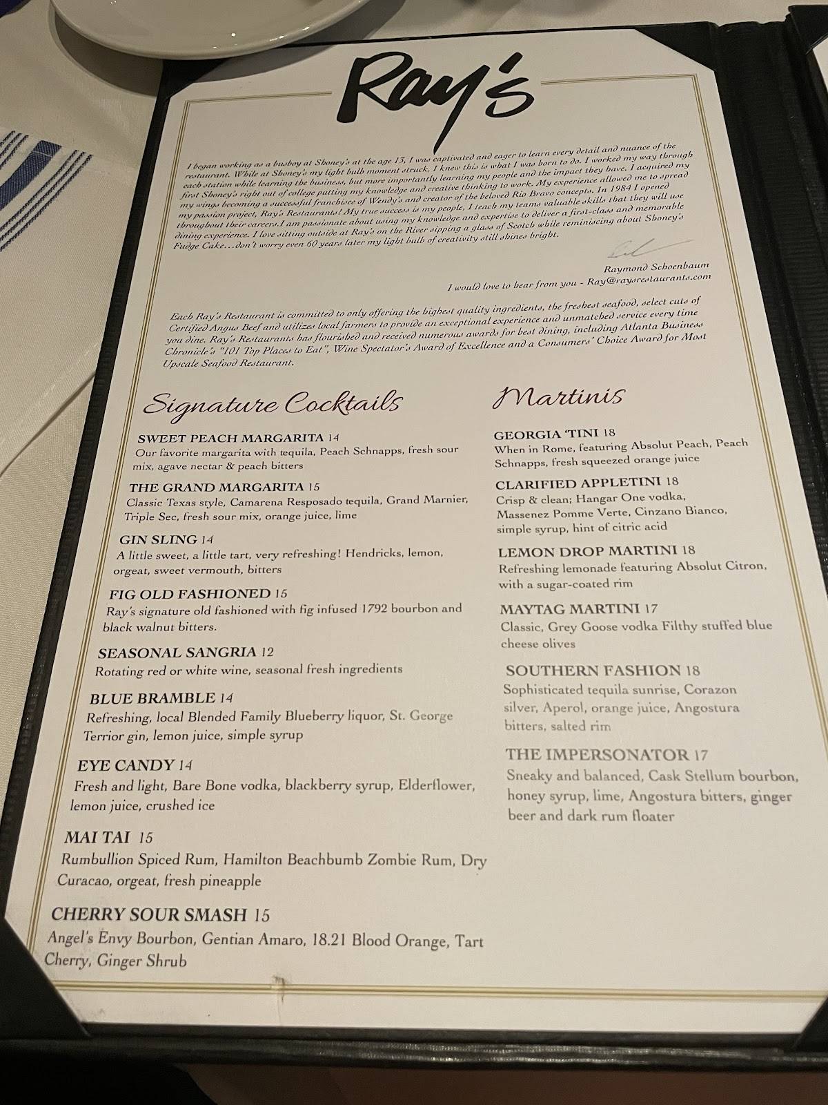 Menu at Ray's on the River steakhouse, Sandy Springs