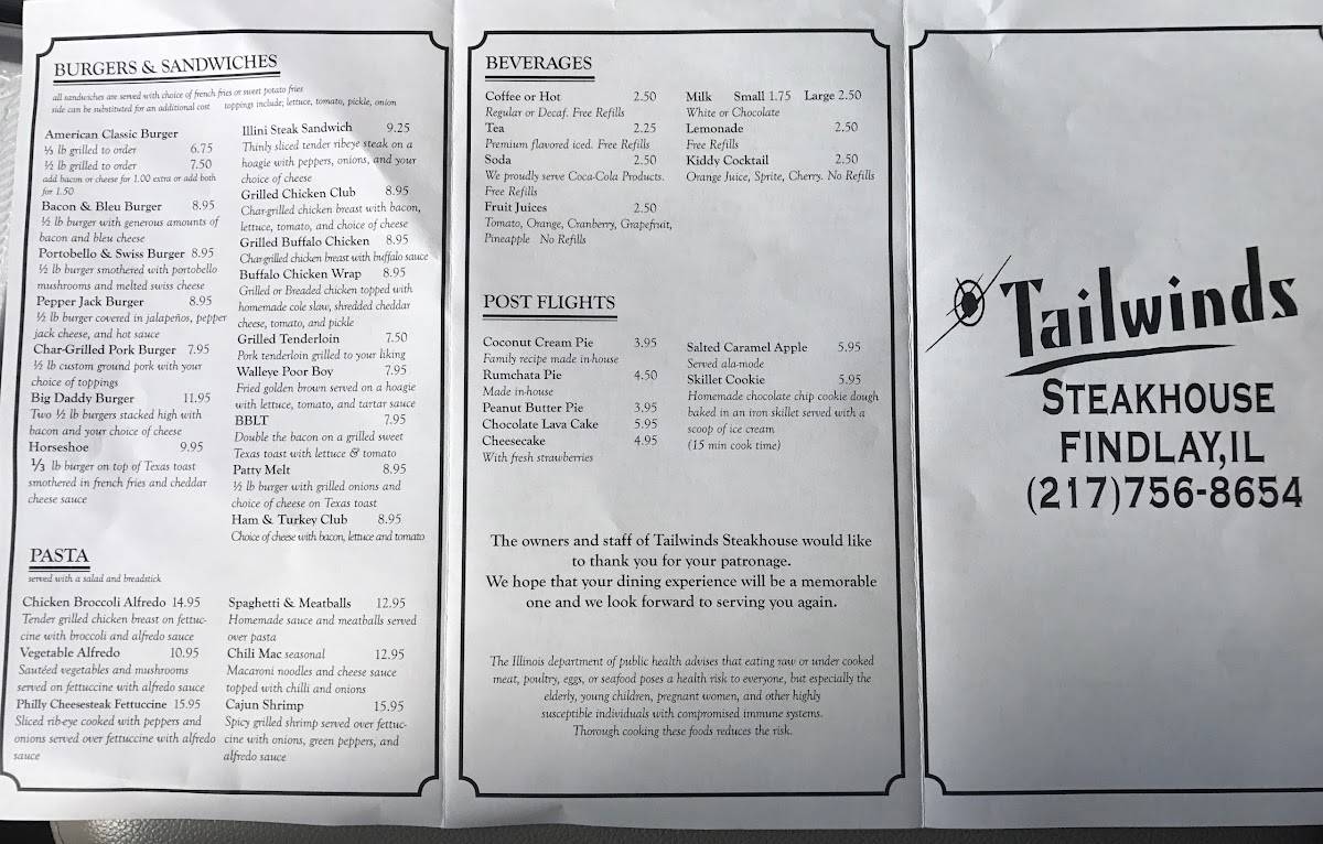 Menu at Tailwinds Steakhouse, Findlay, 200 E South 2nd St