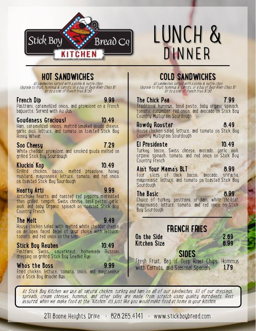 Menu at Stick Boy Kitchen restaurant, Boone