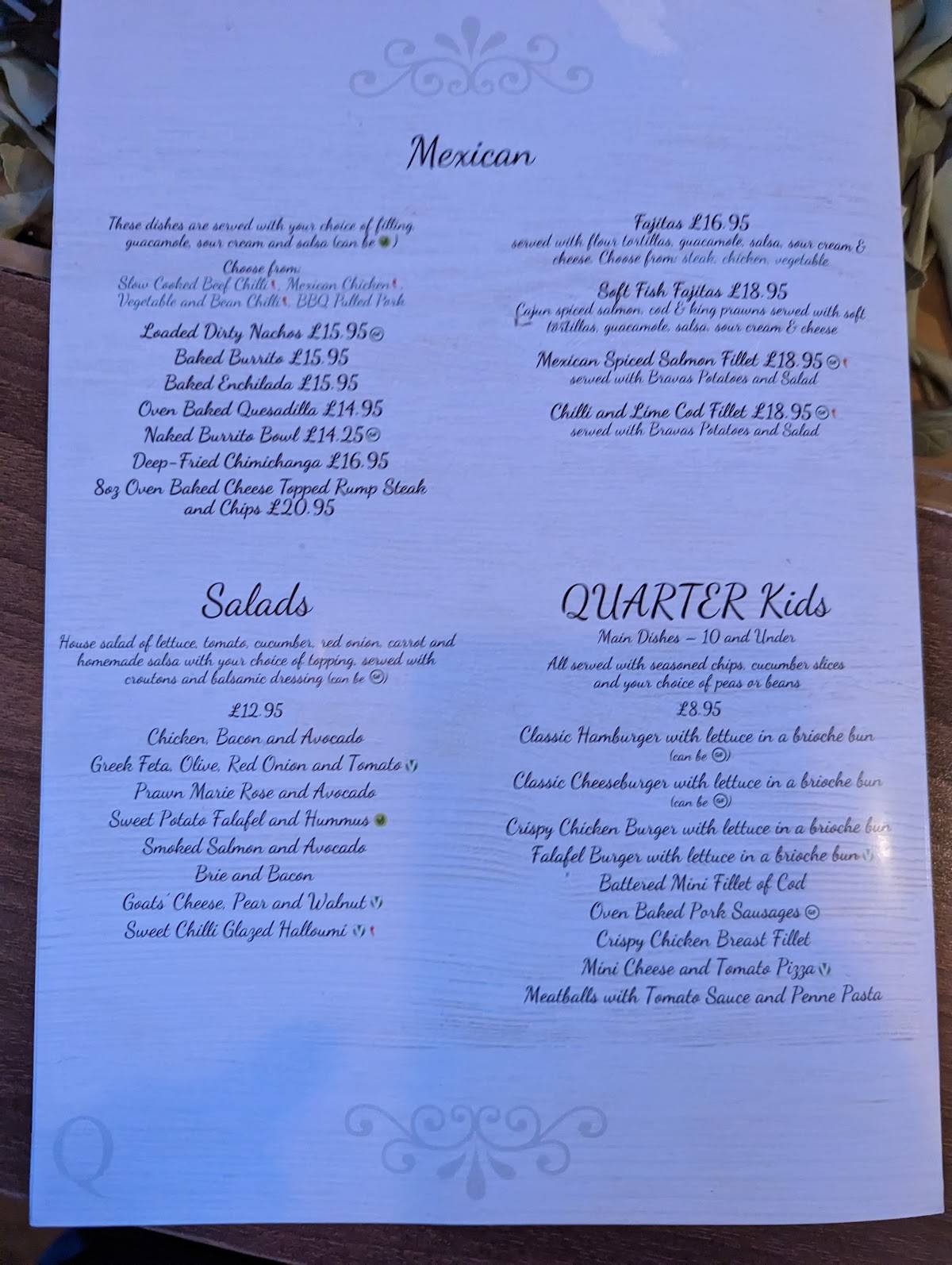 Menu at the QUARTER at Potbank restaurant, Stoke-on-Trent