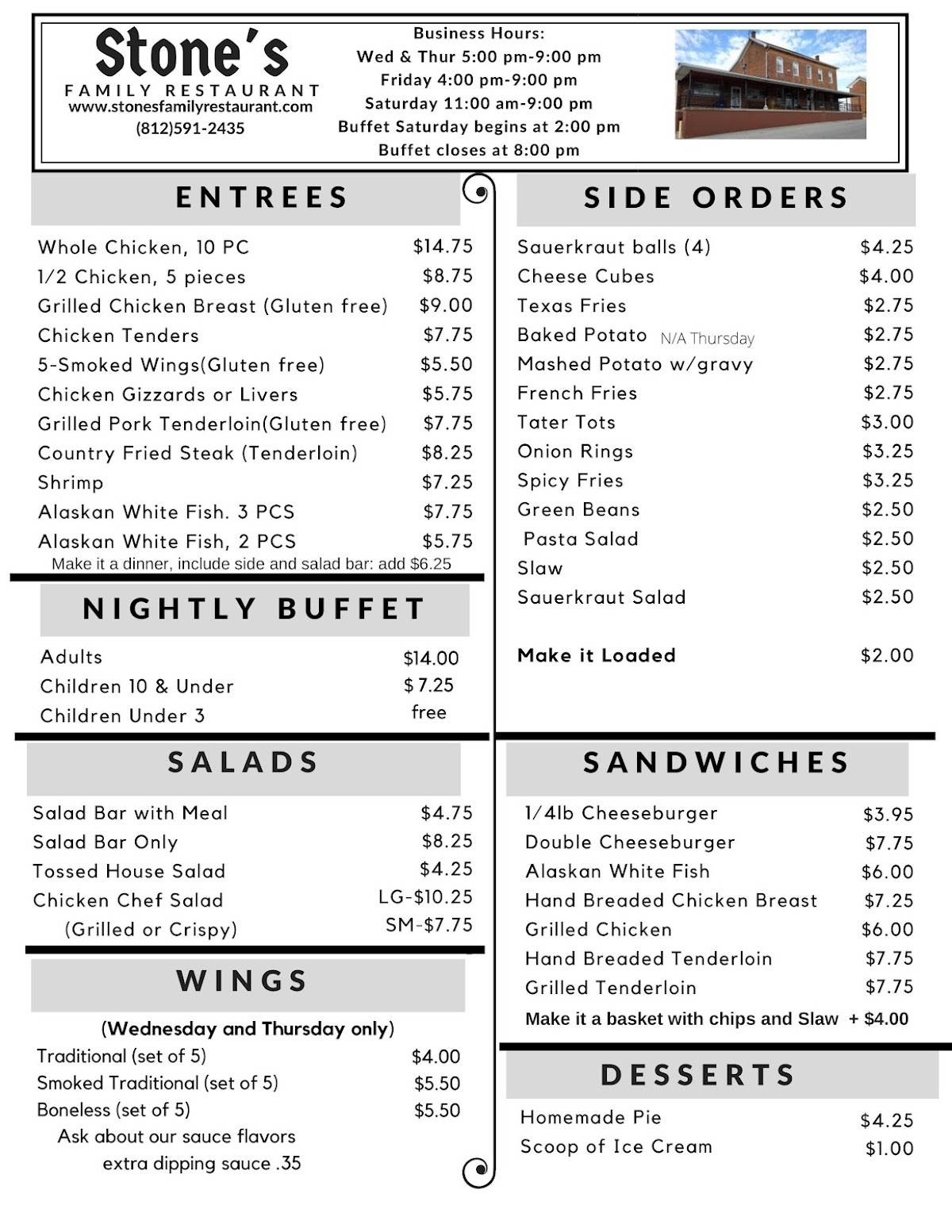 Menu at Stone's Family Restaurant, Millhousen, Millhousen