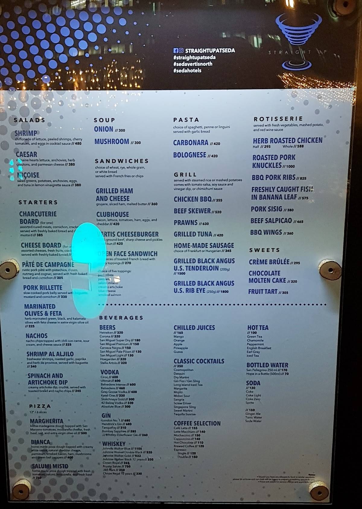 Menu at Straight Up Rooftop Bar at Seda Vertis North, Quezon City
