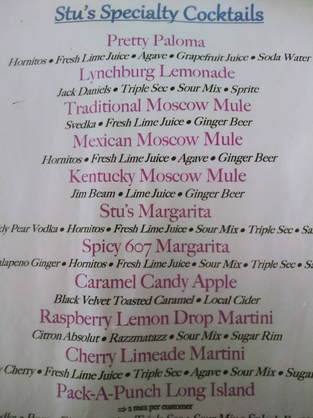 Menu at Stu's Place pub & bar, Endicott