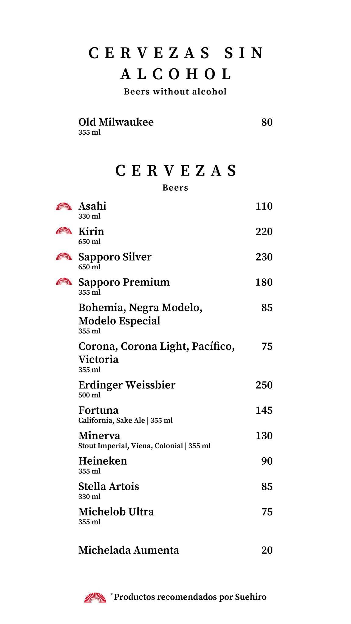 Carta del restaurante Suehiro, Guadalajara