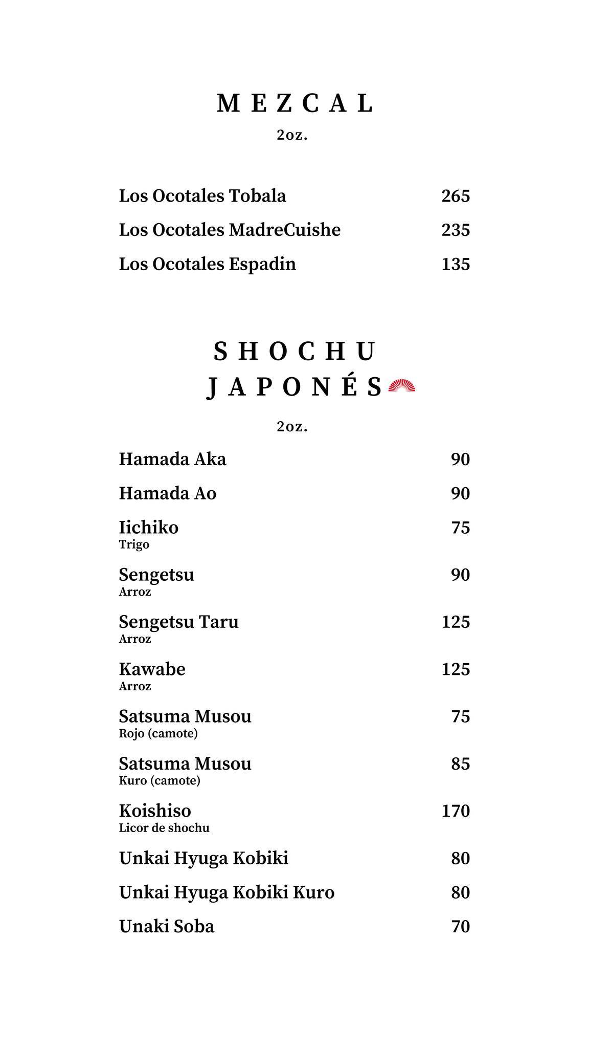 Carta del restaurante Suehiro, Guadalajara
