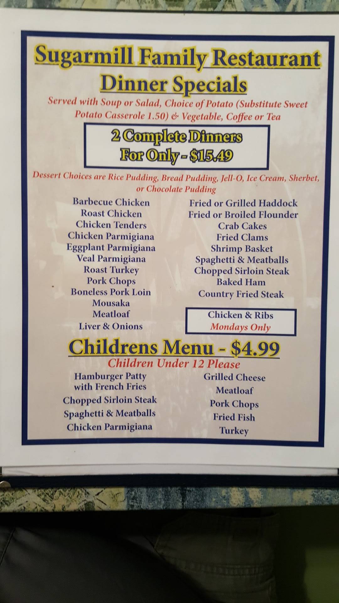 Menu at Sugarmill Restaurant, Homosassa