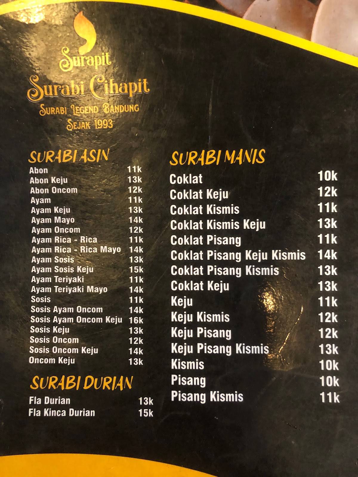 Menu at Surabi cihapit Cab. Tubagus Ismail restaurant, Bandung