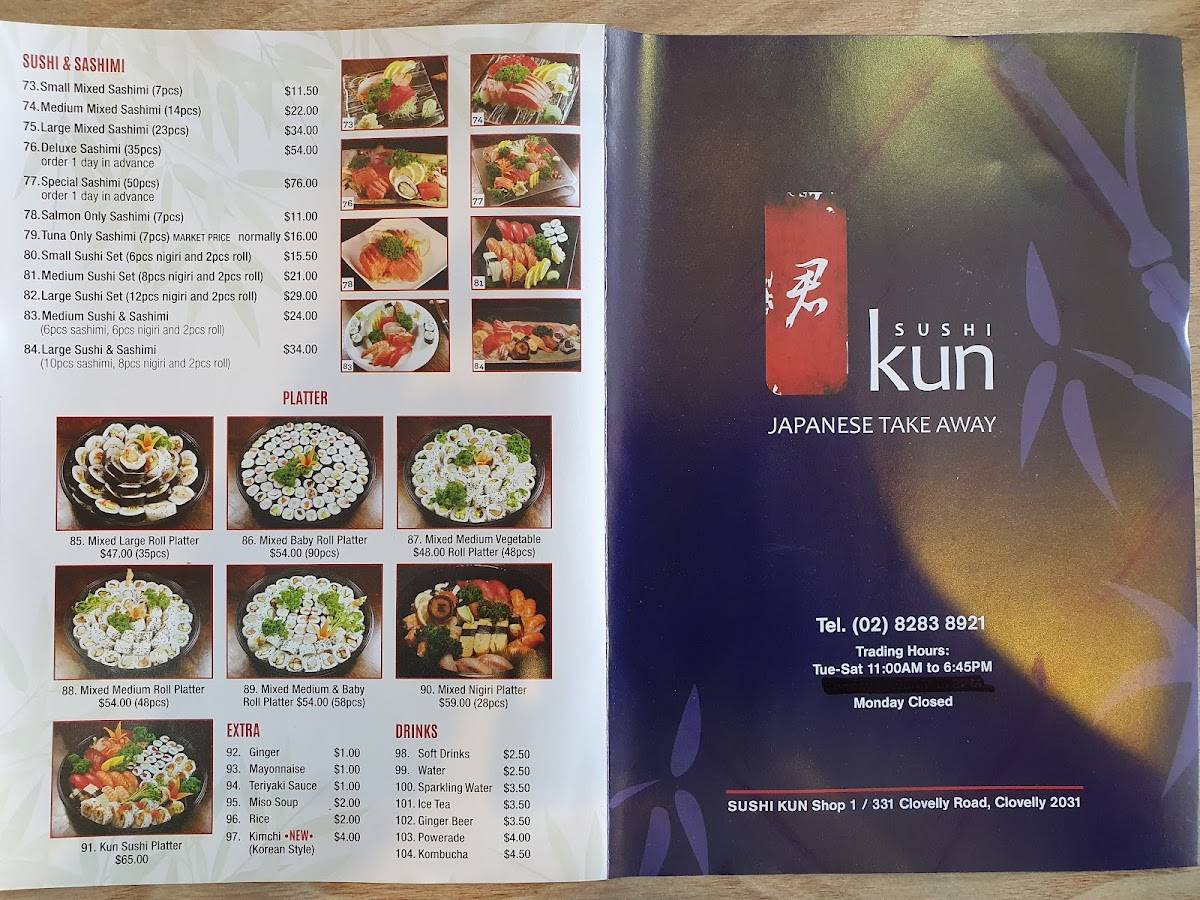 Menu at Sushi Kun restaurant, Clovelly