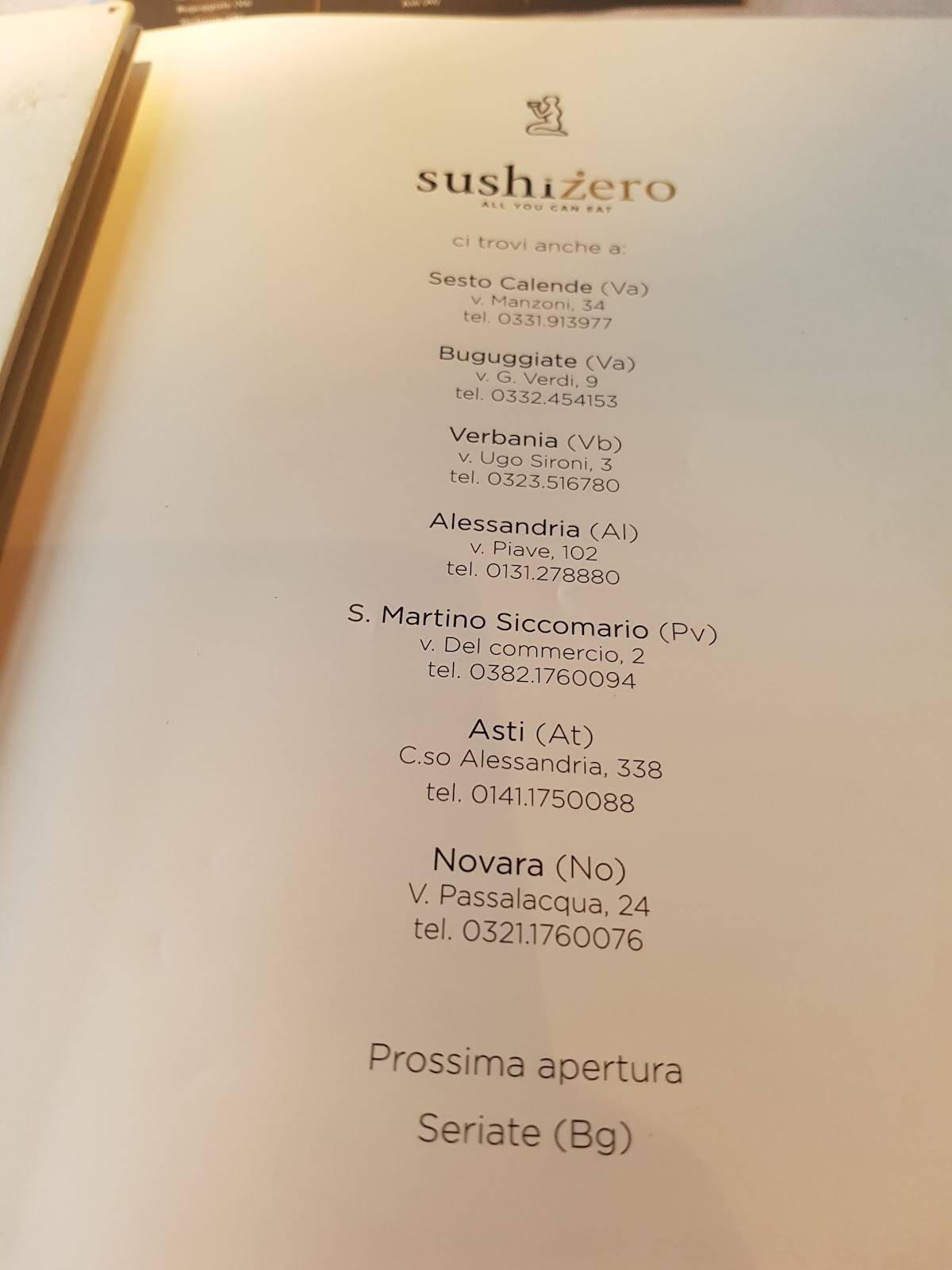 Menu da Sushi Zero ristorante, Asti