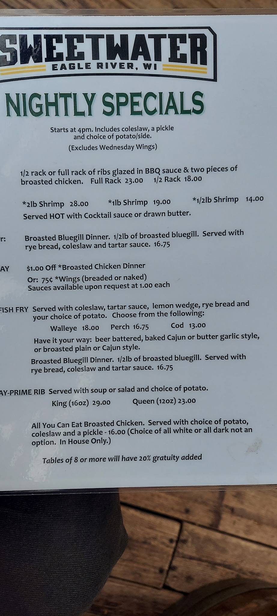 Menu at Sweetwater Spirits & Resort pub & bar, Eagle River