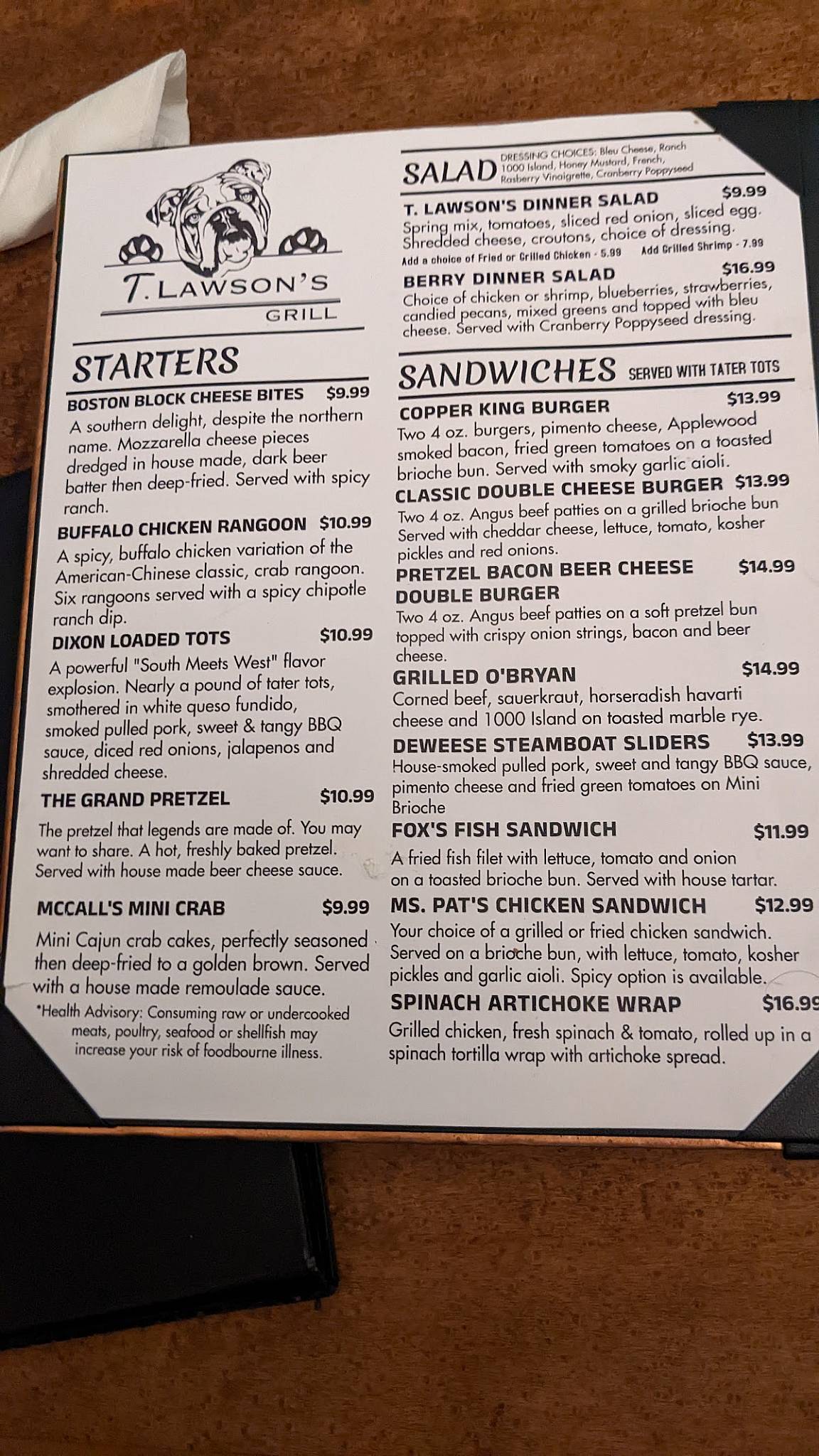 Menu at T Lawson’s Grill pub & bar, Grand Rivers