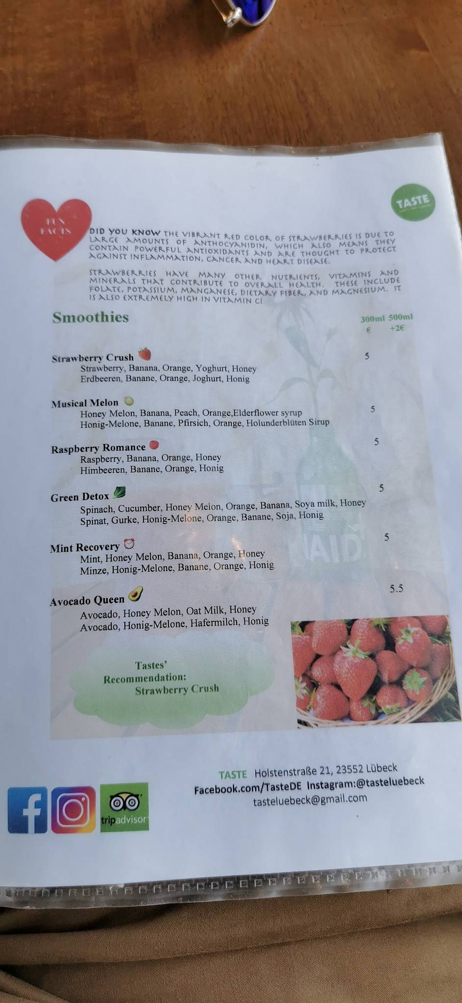 Menu at TASTE cafe, Lübeck