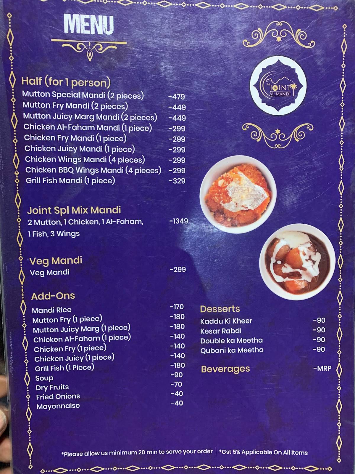 Menu at THE JOINT AL-MANDI, Kurnool