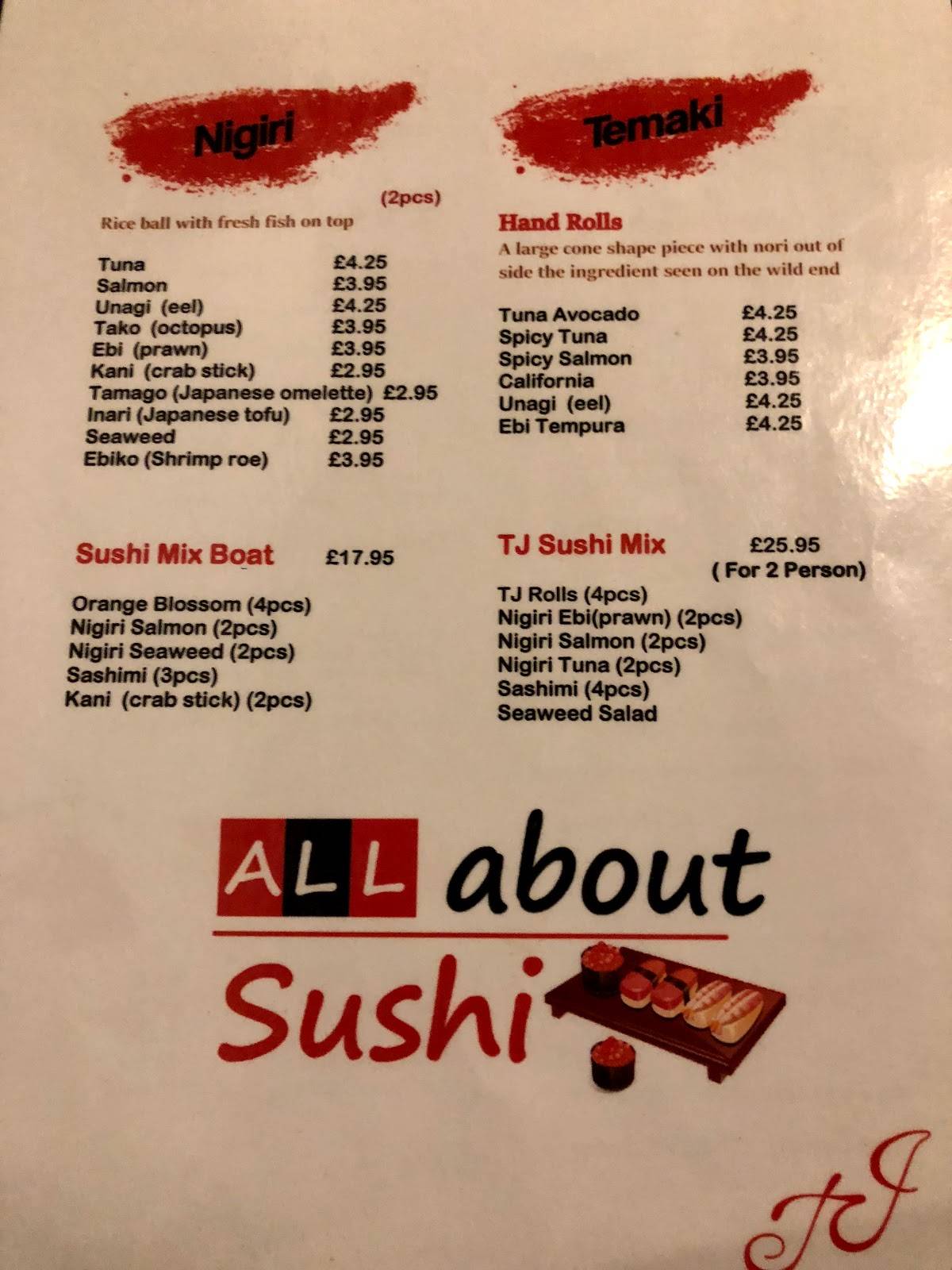 Menu at TJ Thai & Japanese Restaurant, Huddersfield