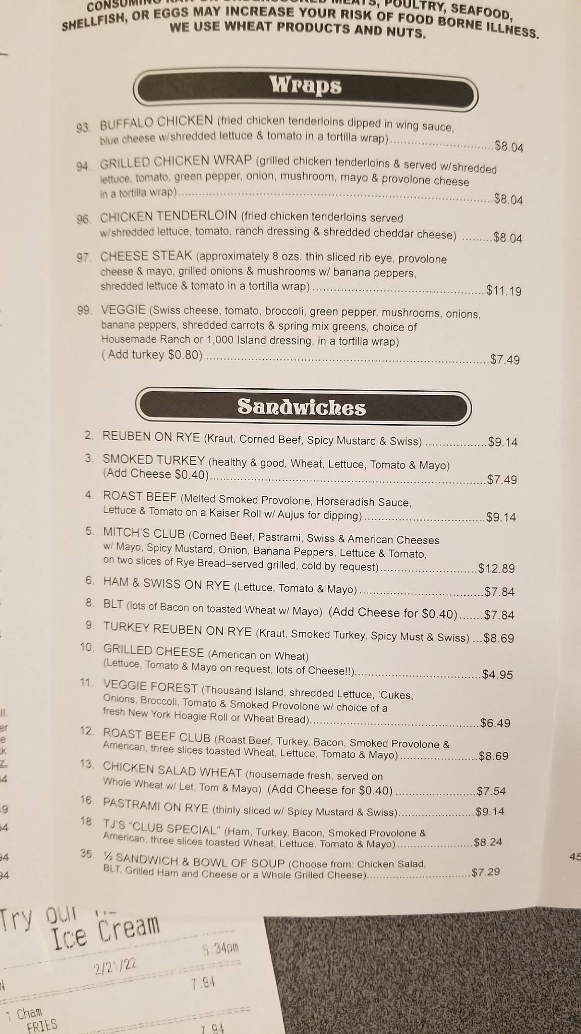 Menu at TJ's Deli & Grill restaurant, Winston-Salem, Country Club Rd