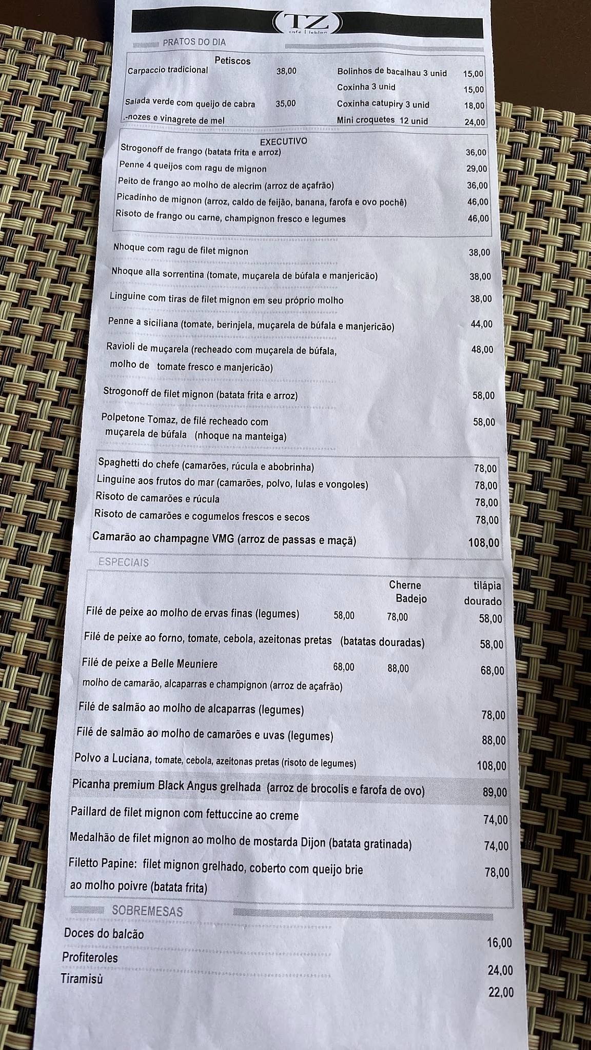 Menu at TZ Leblon restaurant, Rio de Janeiro, Rua Conde de Bernadotte