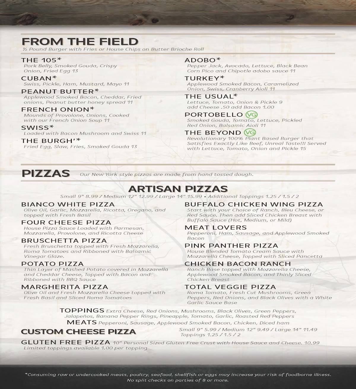 Menu at Table 105 pub & bar, Kane