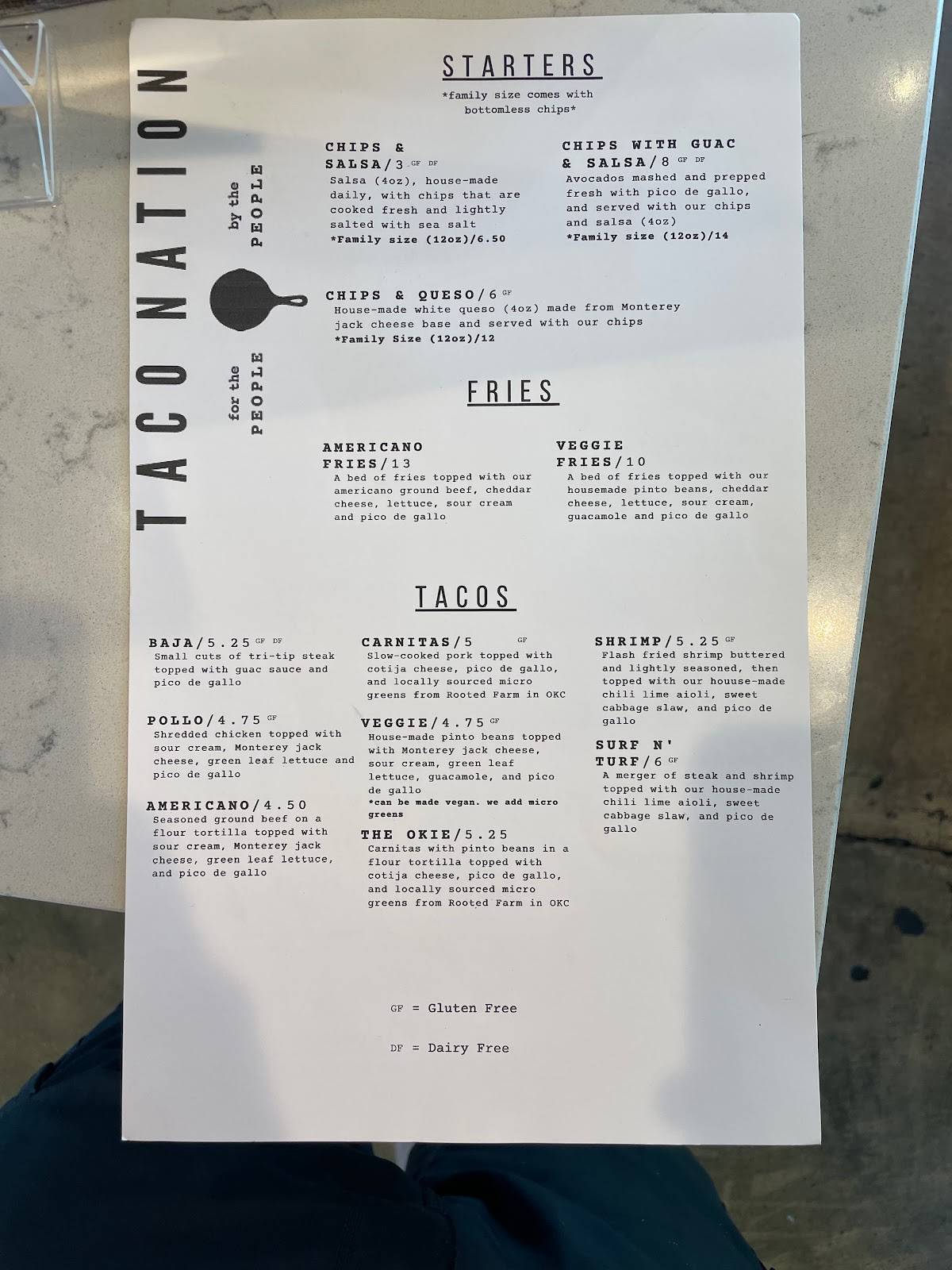 Menu at Taco Nation restaurant, Oklahoma City, Wheeler St