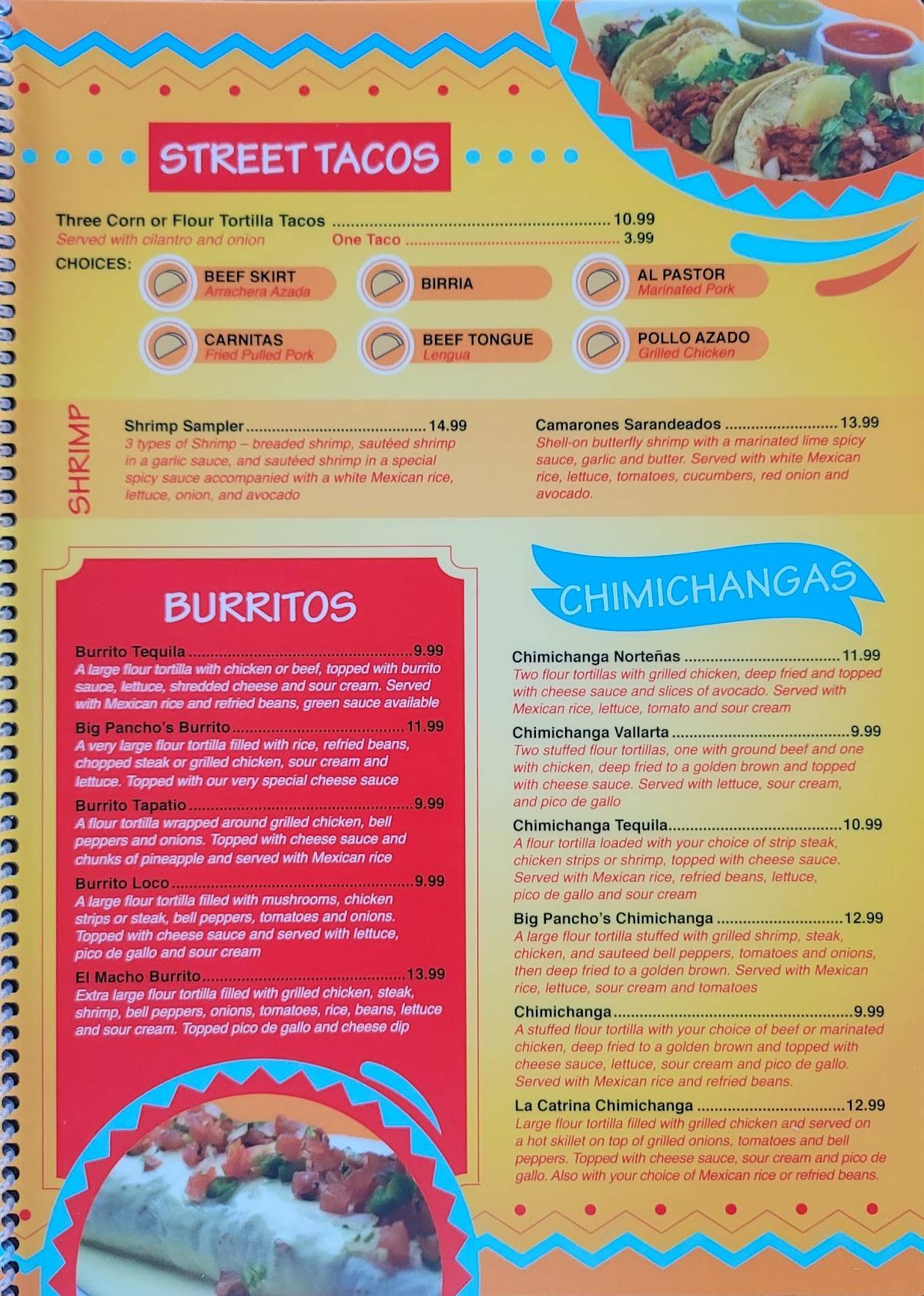 Menu at Taco Tequila's restaurant, Shelburn
