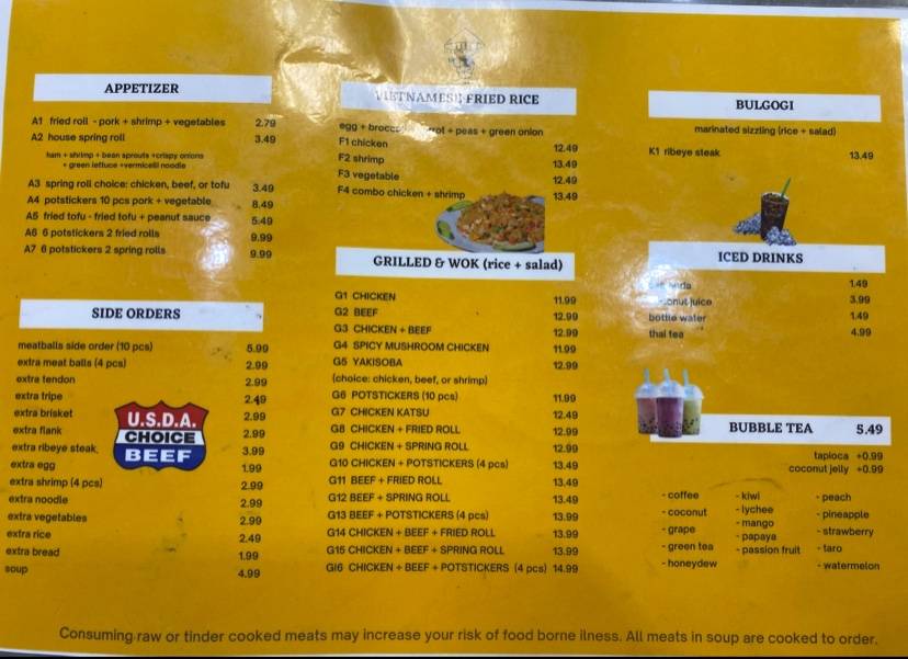 Menu at Pho Tai restaurant, Tacoma, Center St #2348