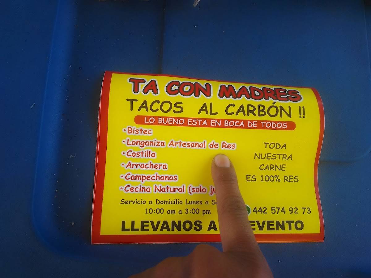 Carta del restaurante Ta con madres: tacos al carbón, San Isidro Miranda
