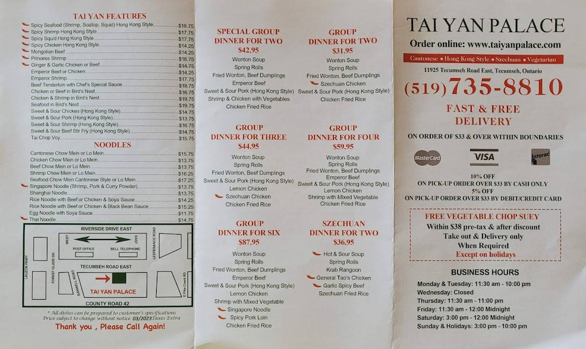 Menu at Tai Yan Palace restaurant, Tecumseh