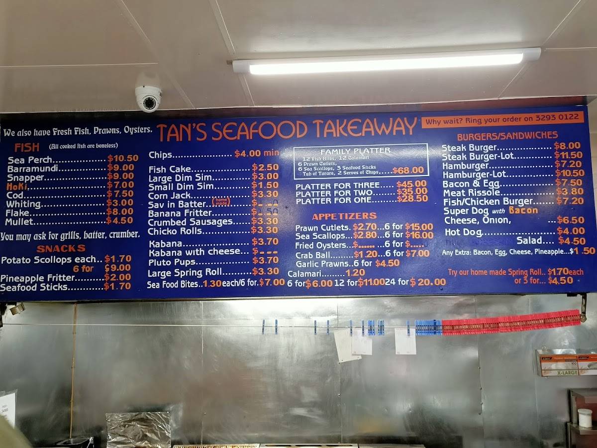Menu at Tan's Seafood Take-Away fast food, Deception Bay