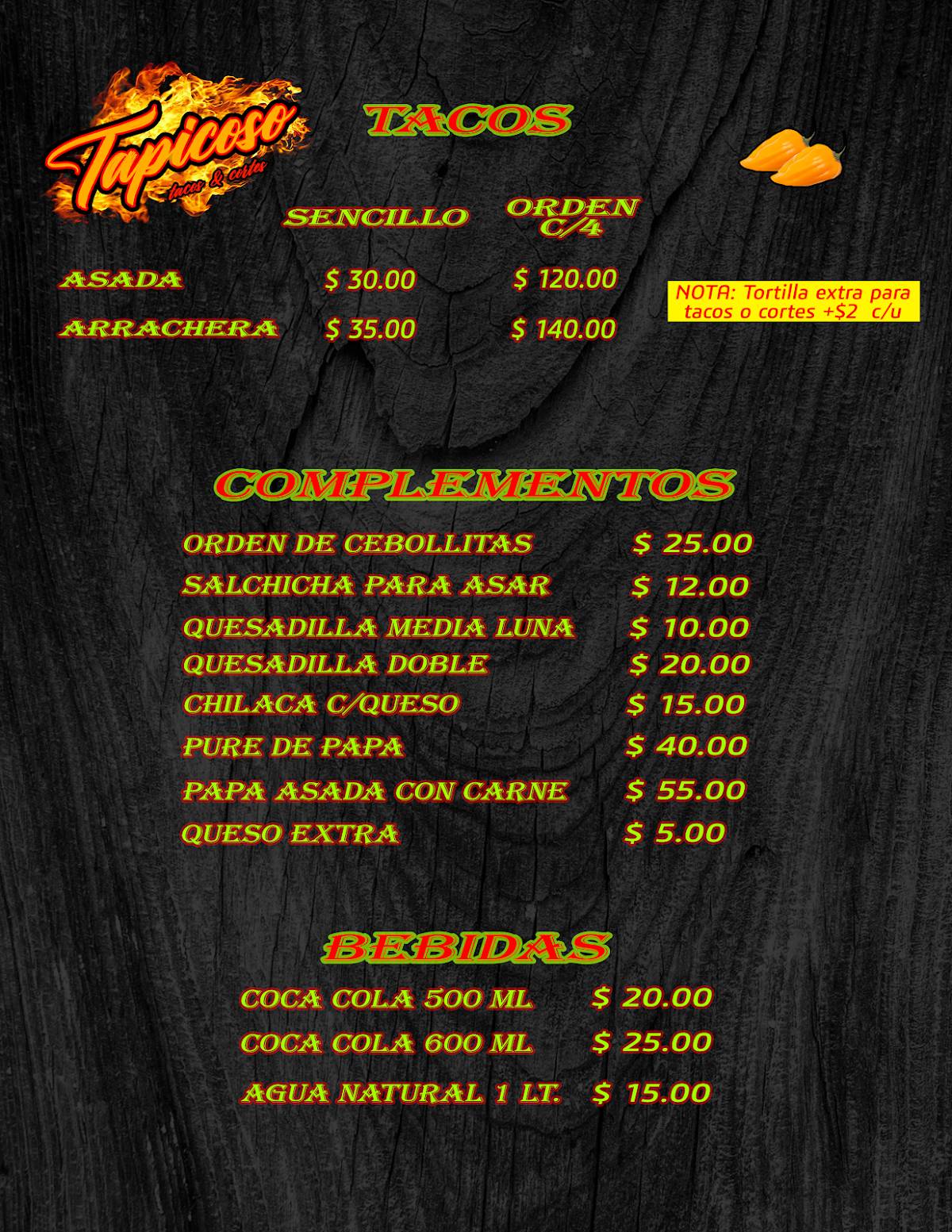 Menu at Tapicoso Tacos & Cortes restaurant, Gómez Palacio