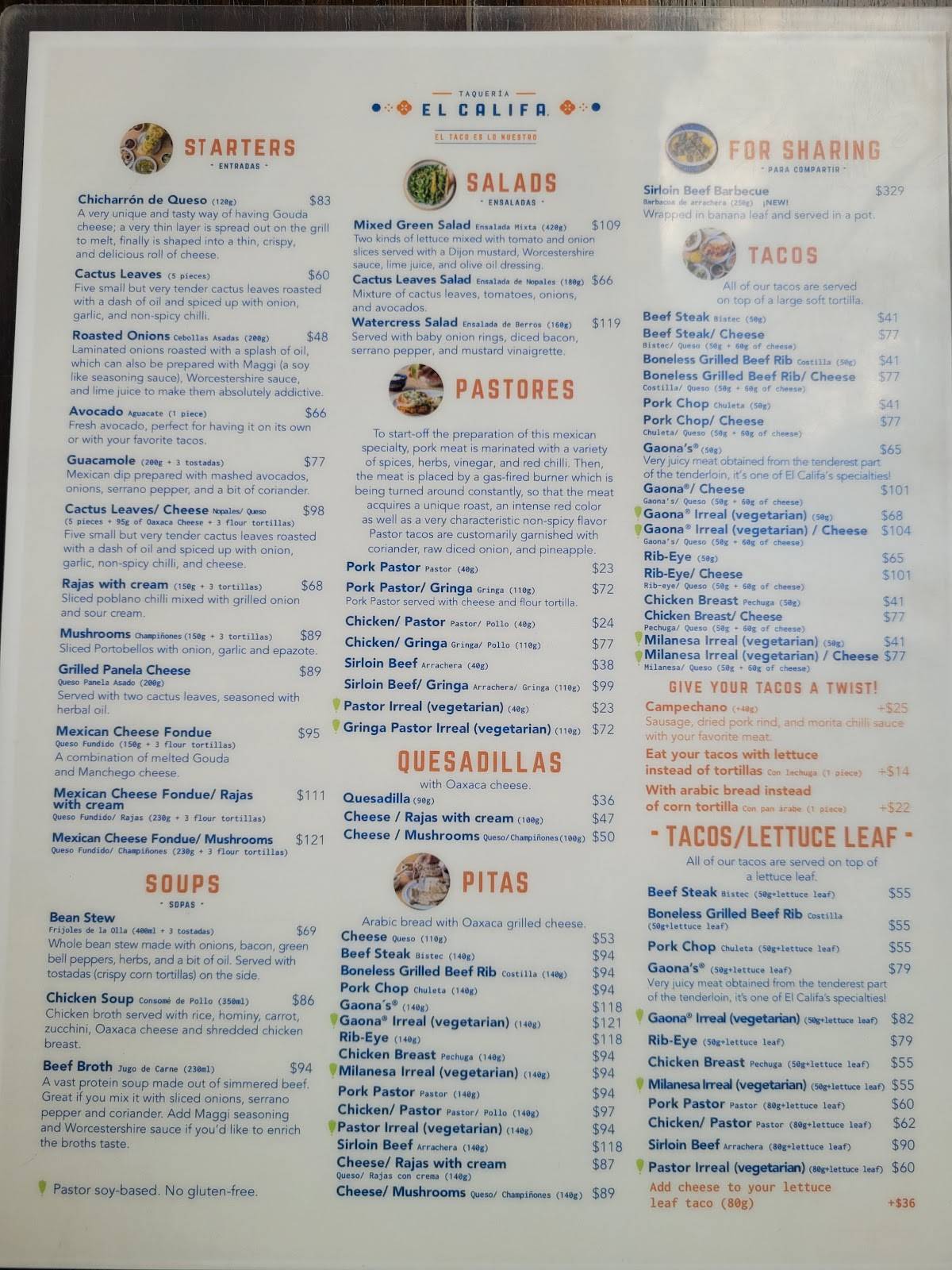 Carta del restaurante Taquería El Califa, Ciudad del México, Av. P.º ...