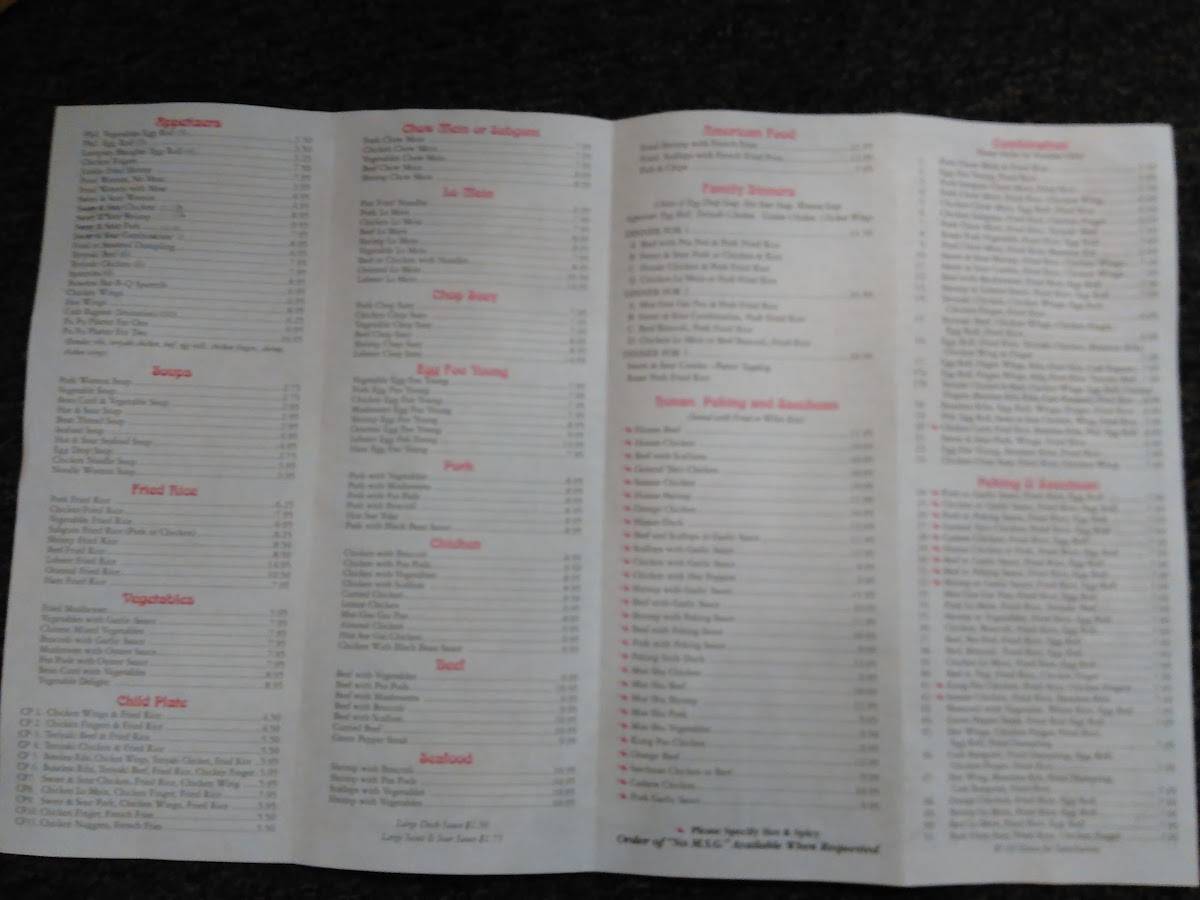 Menu at Taste of Orient restaurant, Wiscasset