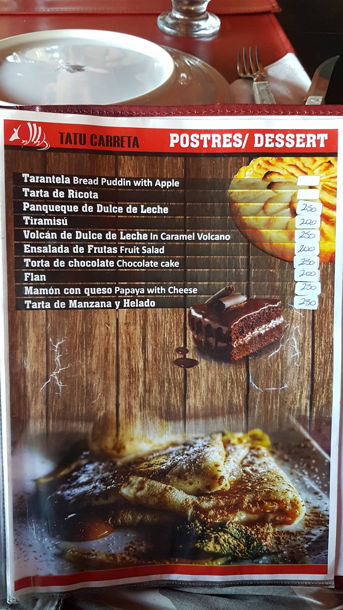 Menu at Tatu Carreta restaurant, Puerto Iguazú, Av. Victoria Aguirre 773
