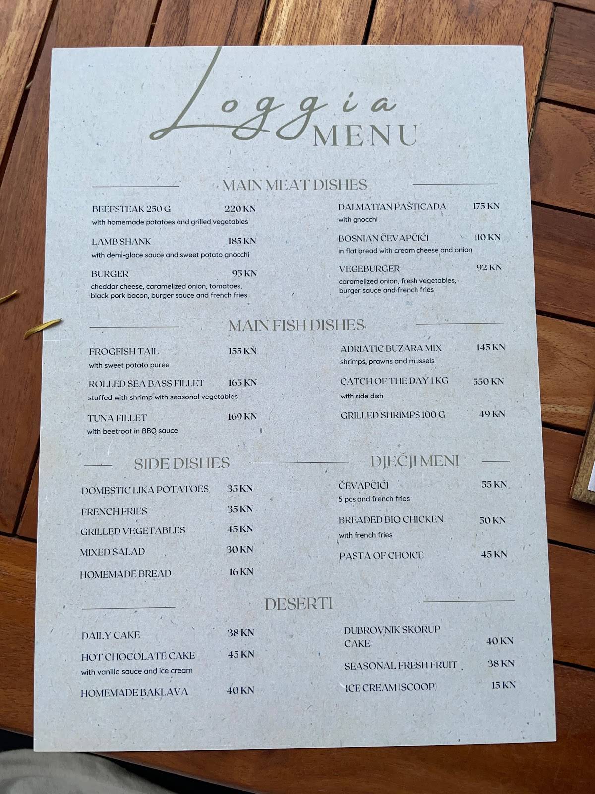 Menu at Taverna Loggia restaurant, Dubrovnik