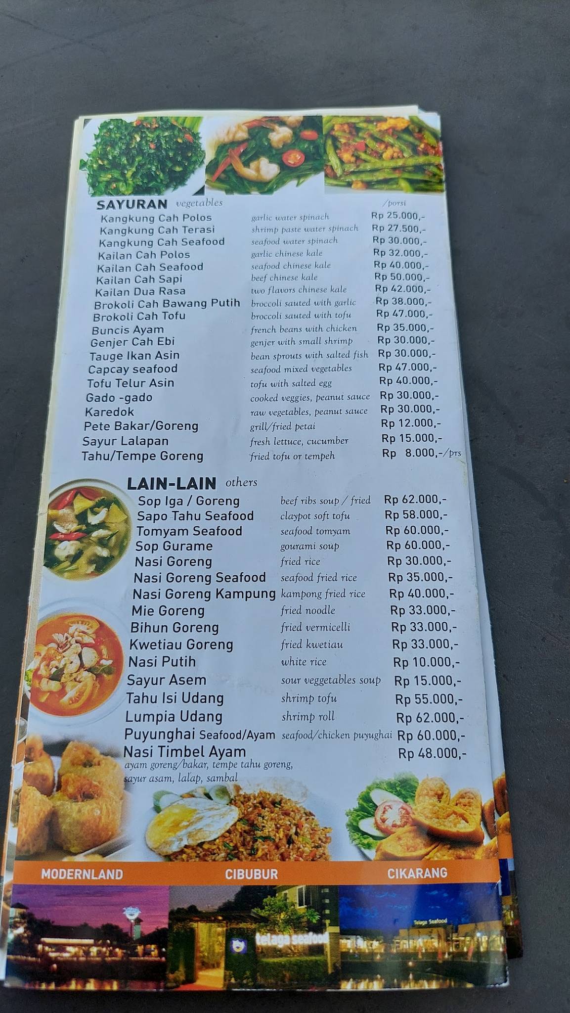 Menu at Telaga Seafood Modernland restaurant, Tangerang, Jl. Pulau ...