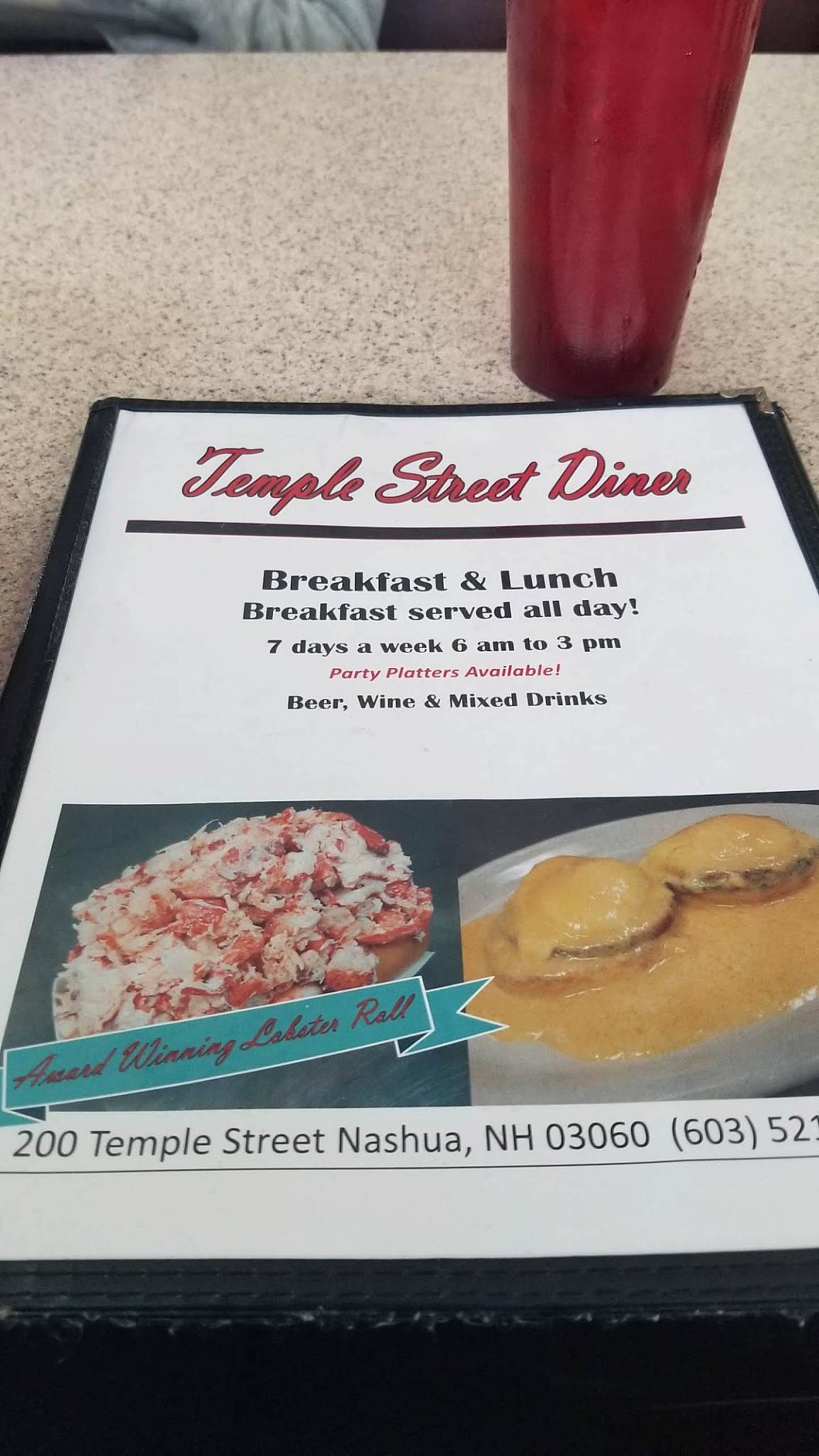 Menu at Temple Street Diner restaurant, Nashua