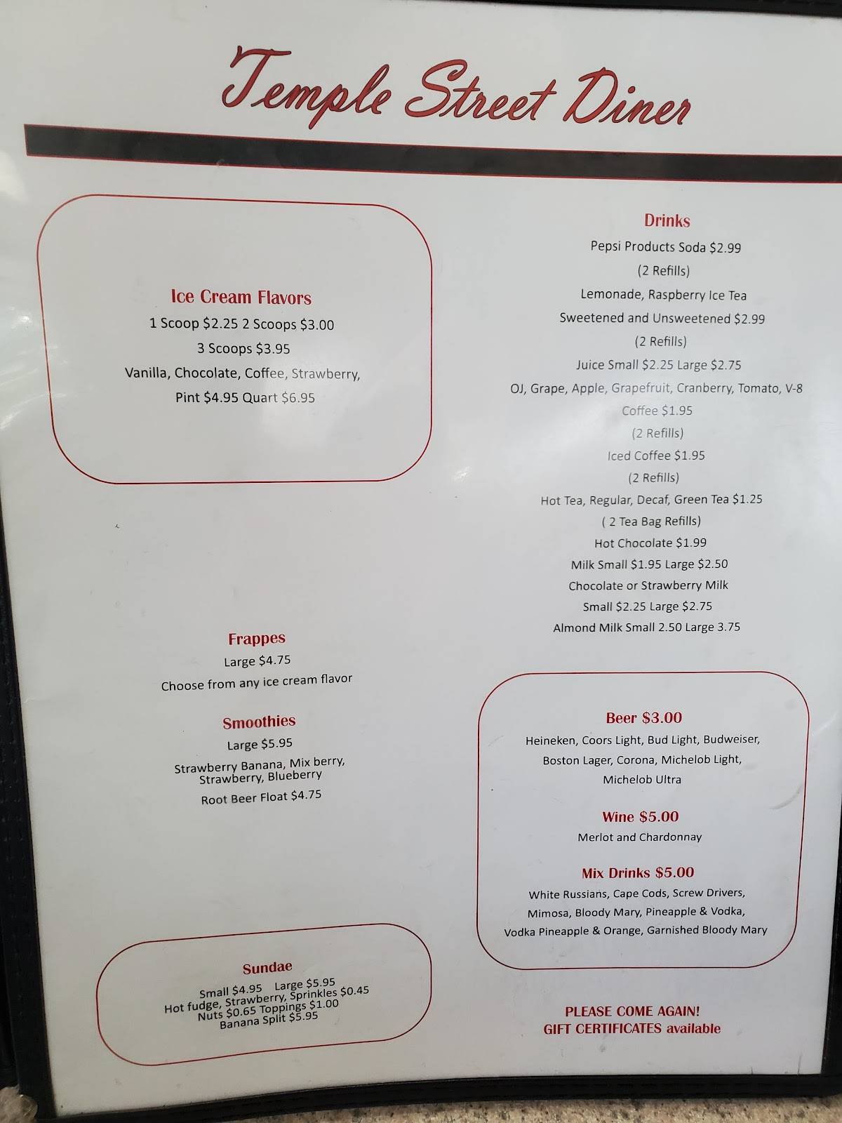Menu at Temple Street Diner restaurant, Nashua