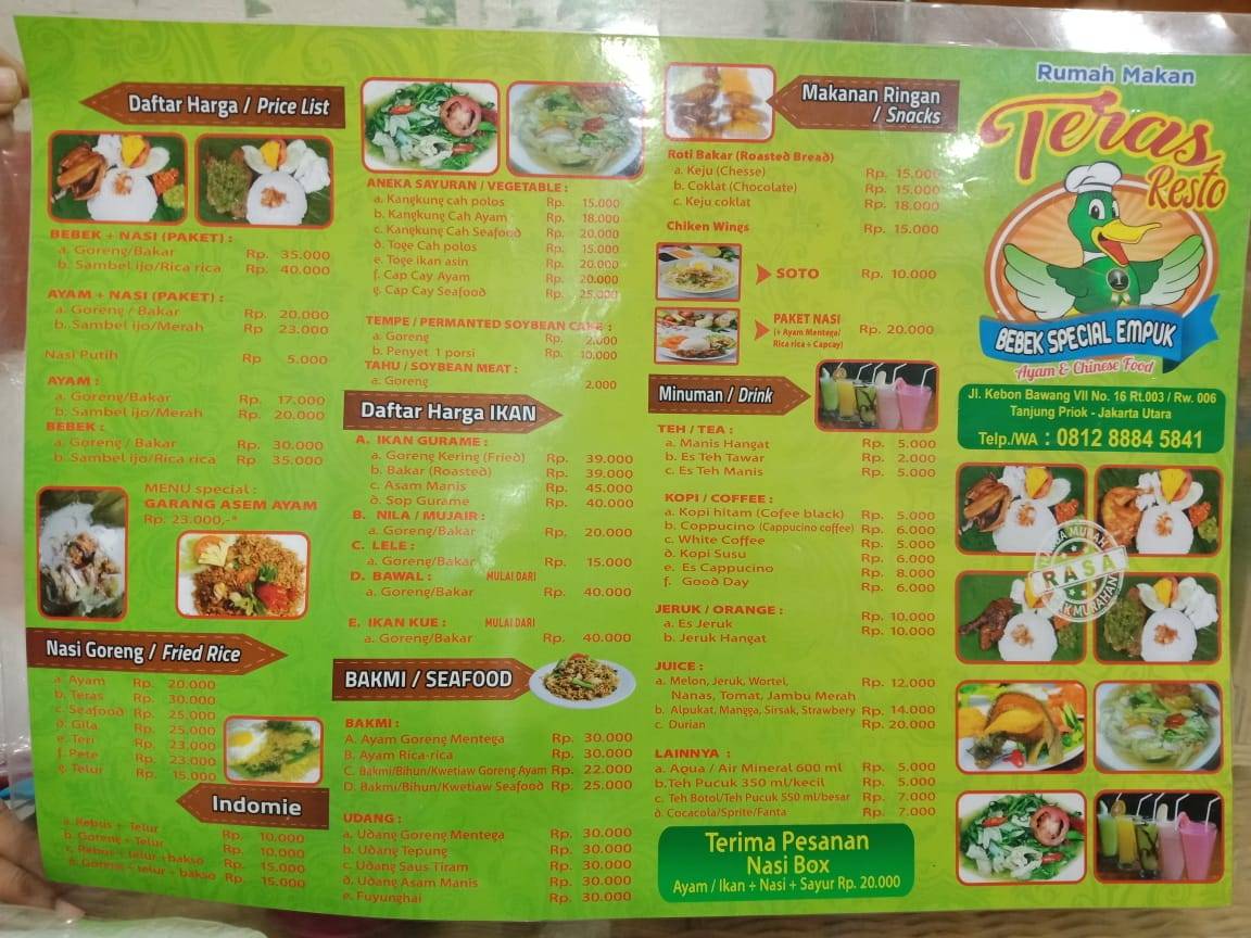 Menu at Teras Resto restaurant, North Jakarta